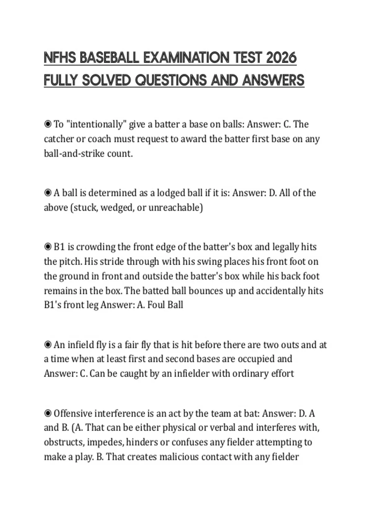 NFHS BASEBALL EXAMINATION TEST 2026 FULLY SOLVED QUESTIONS AND ANSWERS ...