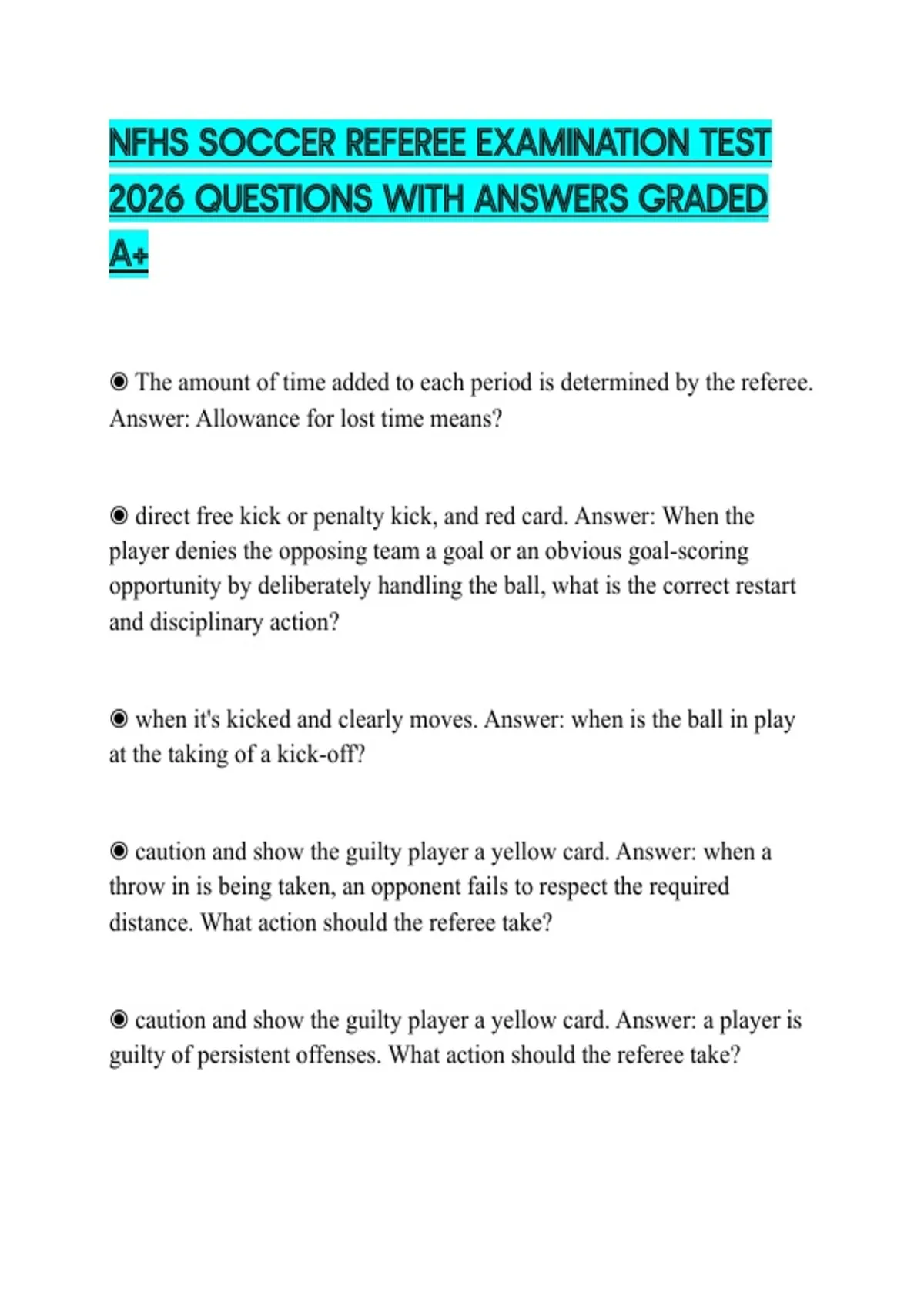 NFHS SOCCER REFEREE EXAMINATION TEST 2026 QUESTIONS WITH ANSWERS GRADED ...
