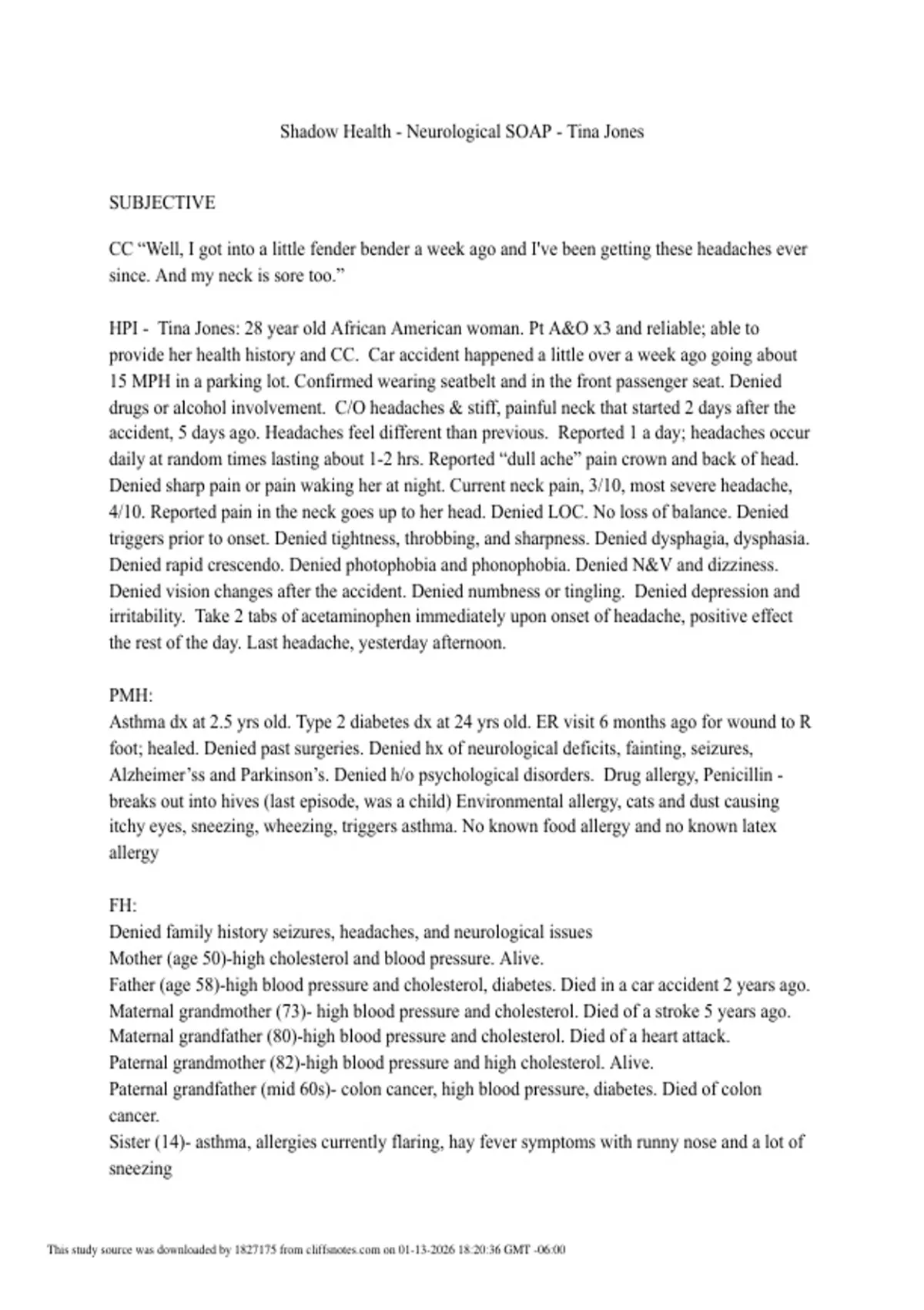 Shadow Health Neurological SOAP Note – Tina Jones | Complete Assessment ...