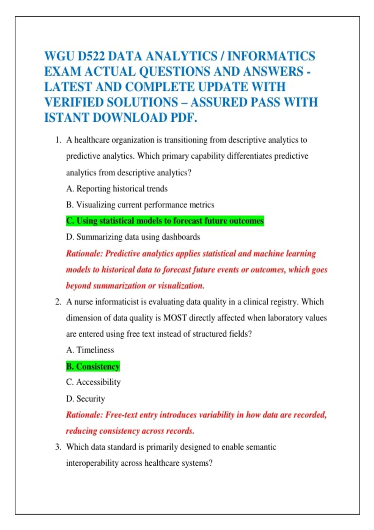 WGU D522 DATA ANALYTICS / INFORMATICS EXAM ACTUAL QUESTIONS AND ANSWERS ...