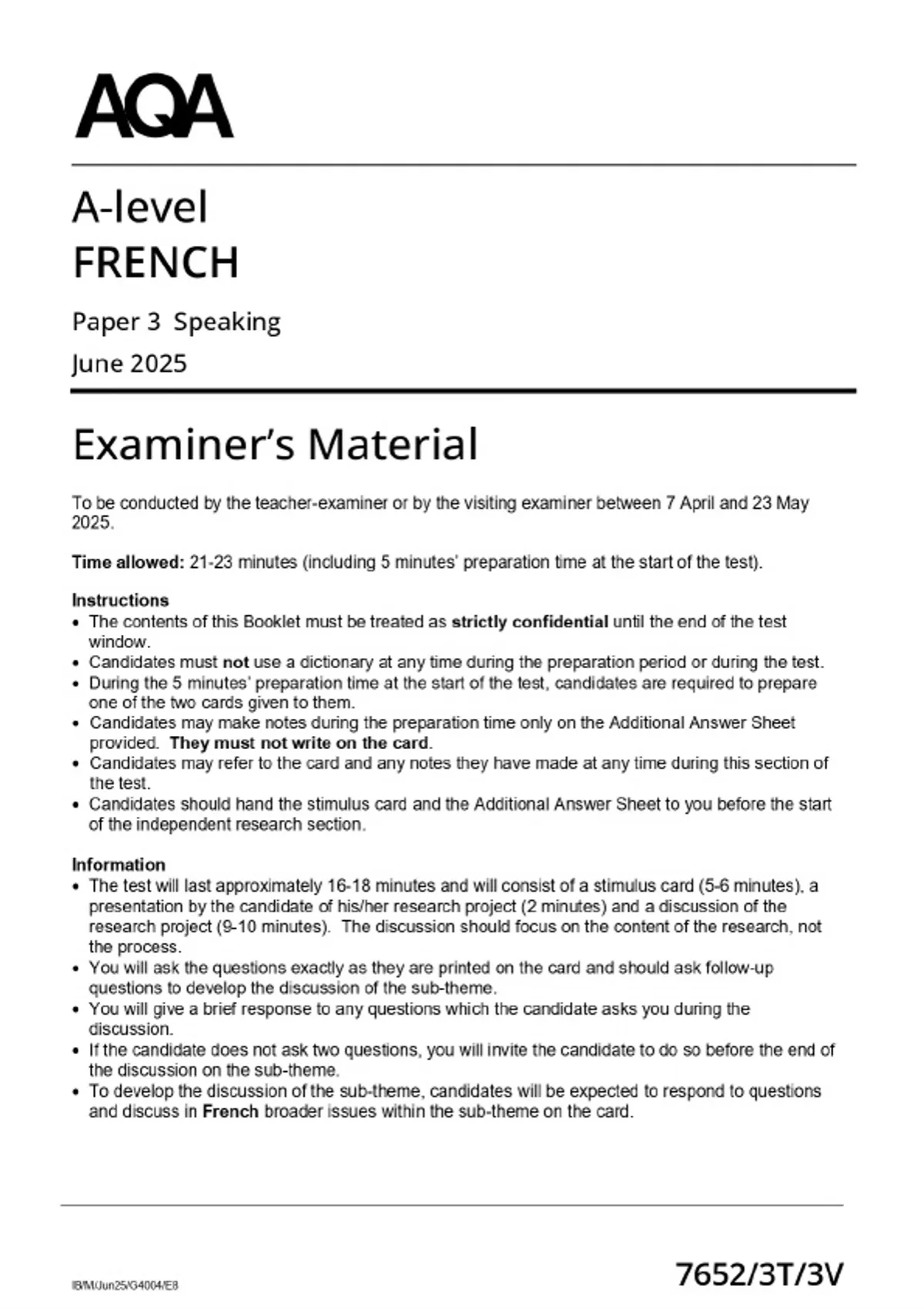 2025 AQA A-LEVEL French Paper 3 7652/3T Teacher conducted speaking test ...