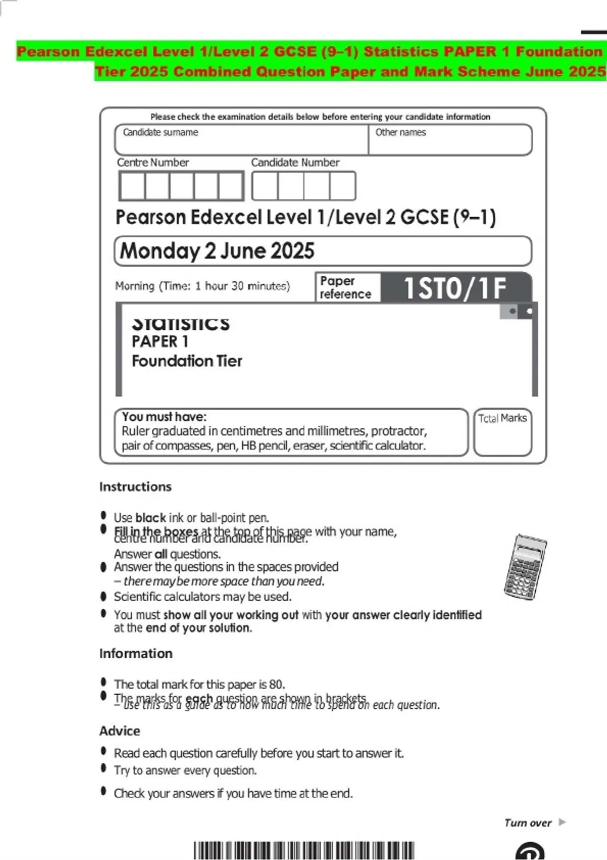 Pearson Edexcel Level 1/Level 2 GCSE (9–1) Statistics PAPER 1 ...