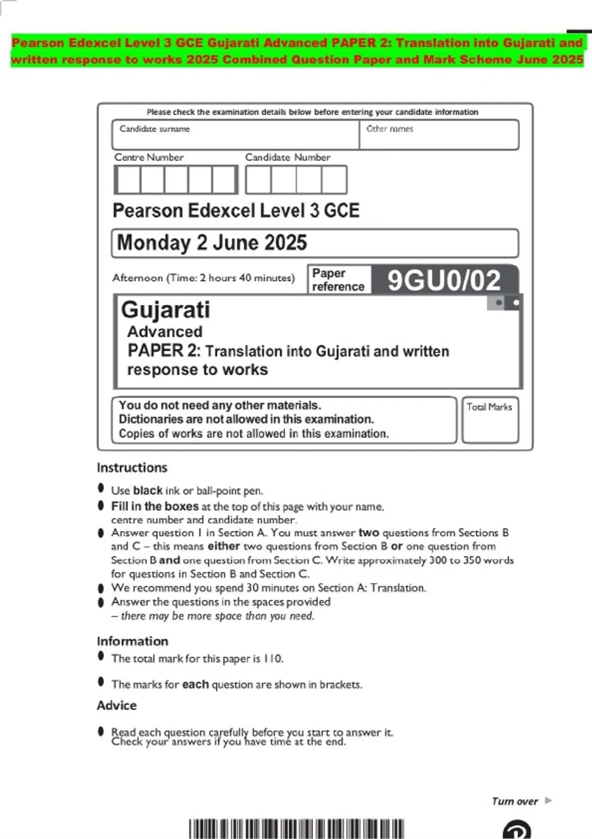 Pearson Edexcel Level 3 GCE Gujarati Advanced PAPER 2: Translation into ...