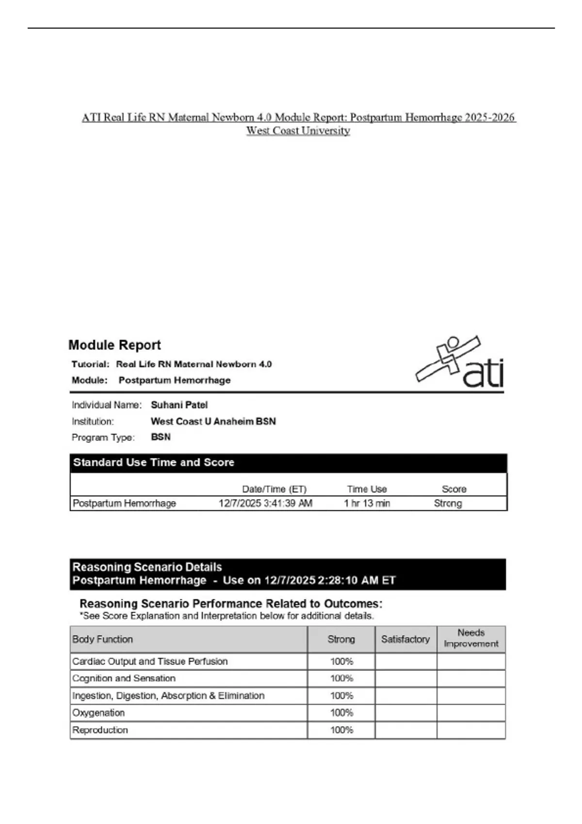 ATI Real Life RN Maternal Newborn 4.0 Module Report: Postpartum ...