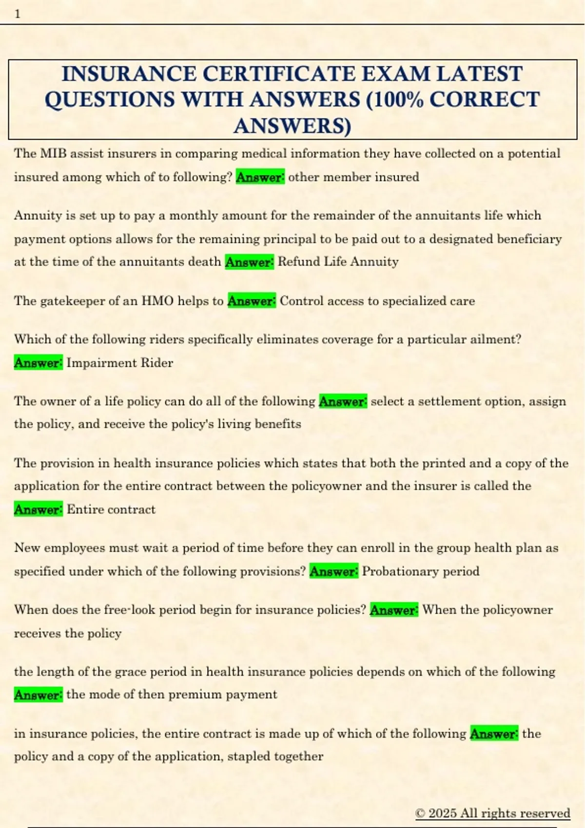 INSURANCE CERTIFICATE EXAM LATEST QUESTIONS WITH ANSWERS (100% CORRECT ...