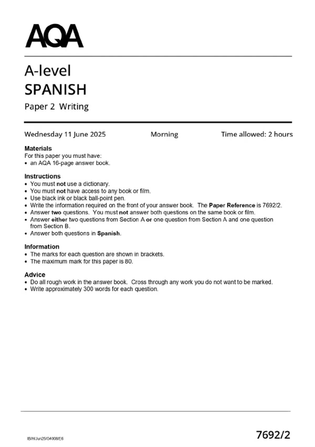 2025 AQA A-level Spanish 7692/2 Paper Writing MERGED QUESTION PAPER ...