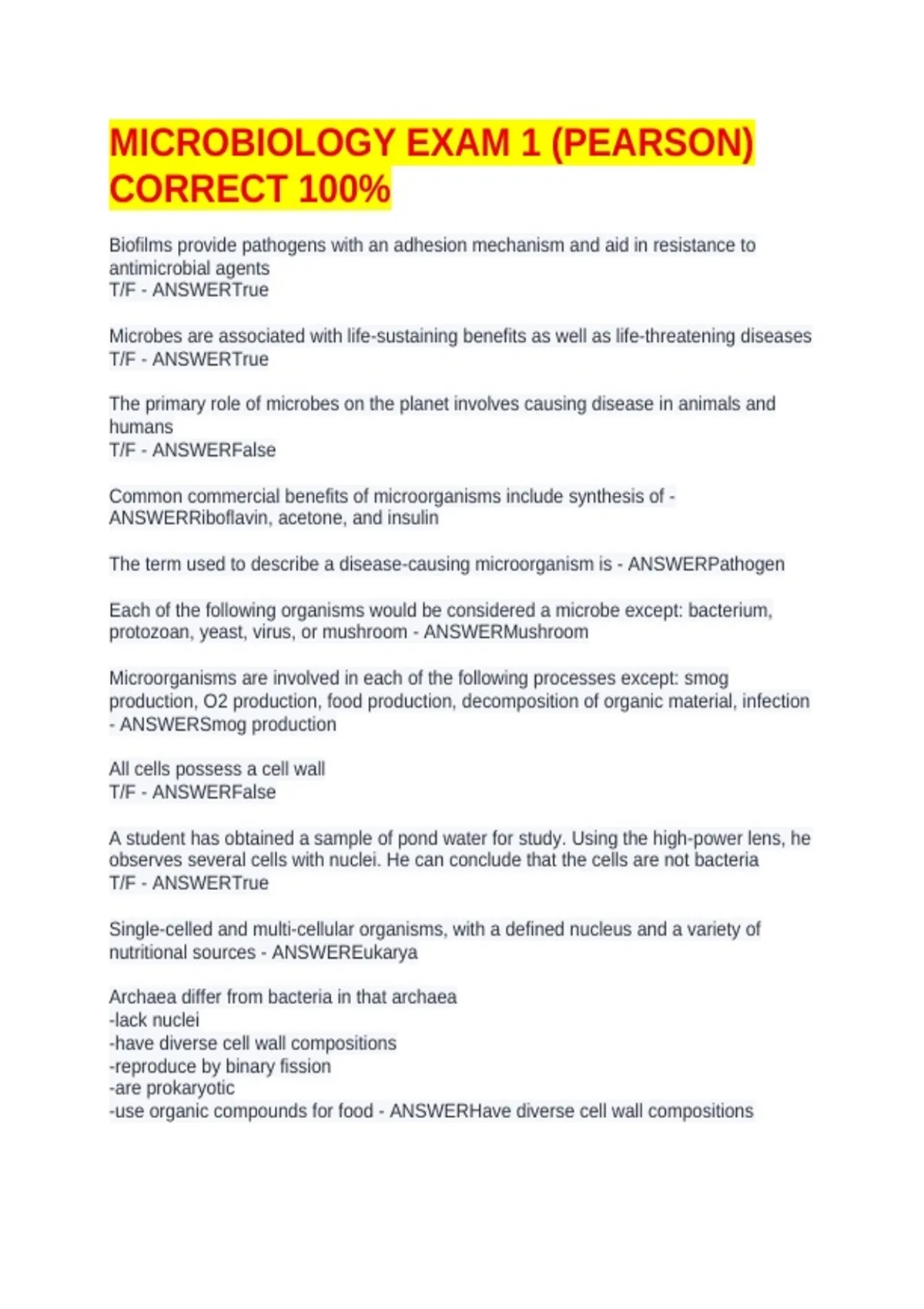 MICROBIOLOGY EXAM 1 (PEARSON) CORRECT 100% - Microbiology - Stuvia US