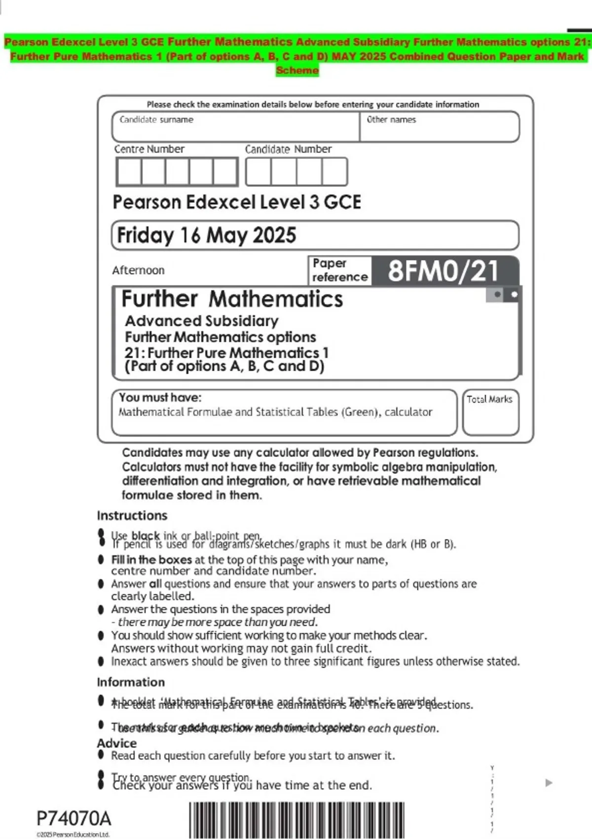 Pearson Edexcel Level 3 GCE Further Mathematics Advanced Subsidiary ...