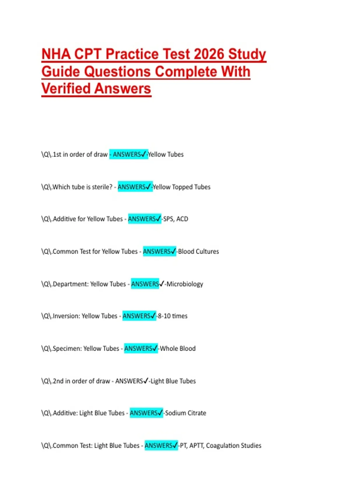 NHA CPT Practice Test 2026 Study Guide Questions Complete With Verified ...