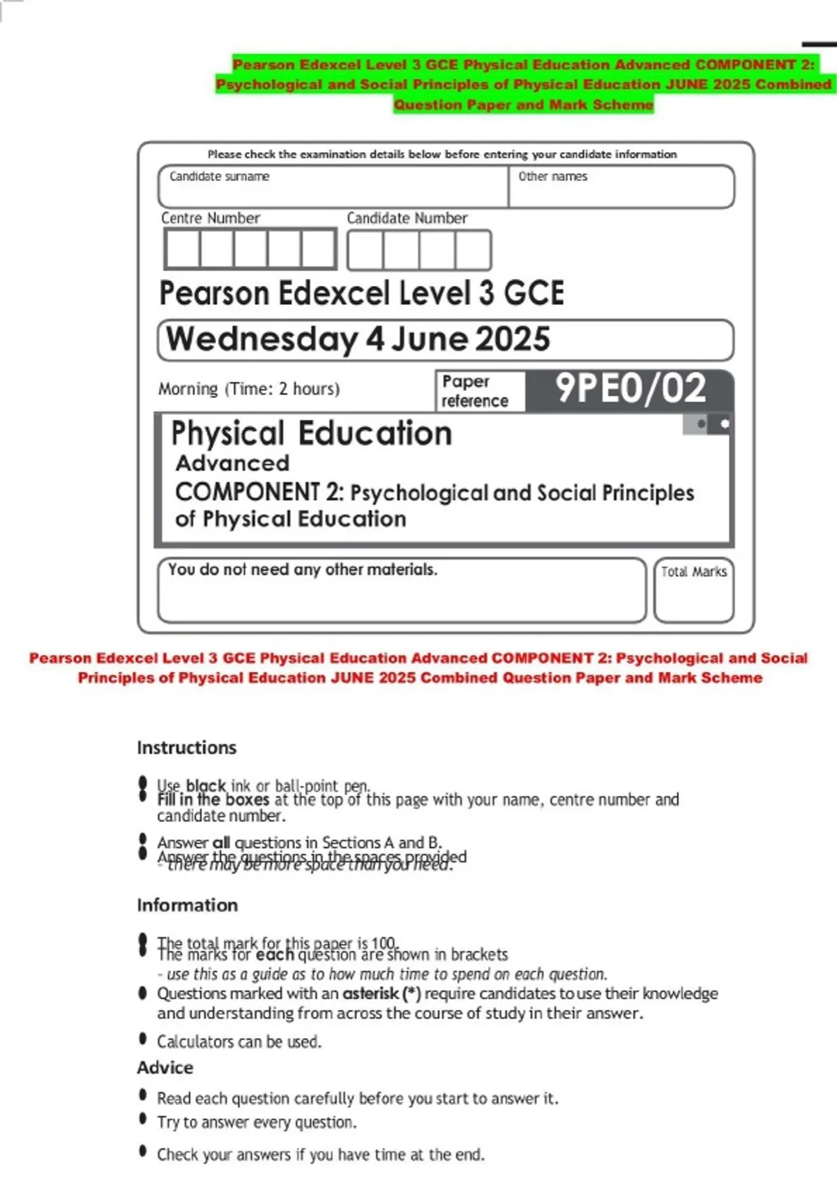 Pearson Edexcel Level 3 GCE Physical Education Advanced COMPONENT 2 ...