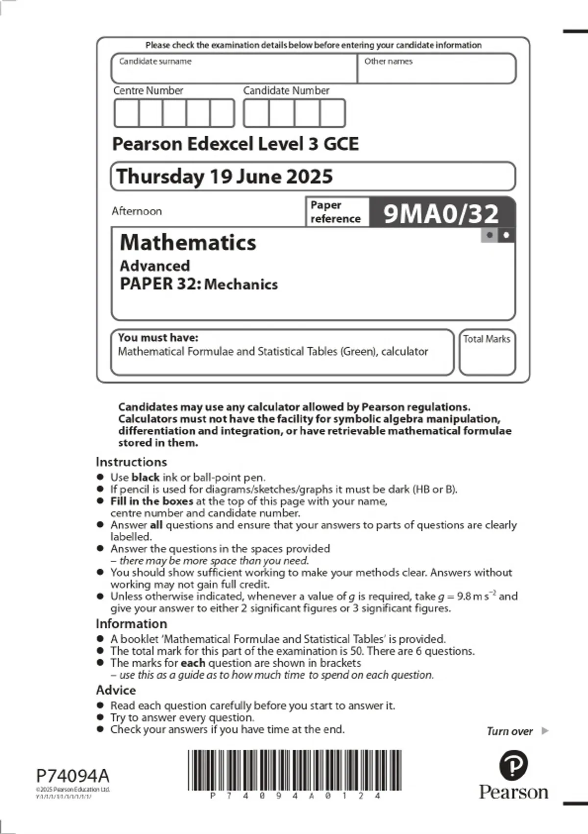 2025 Pearson Edexcel Level 3 GCE Mathematics Advanced PAPER 32 ...