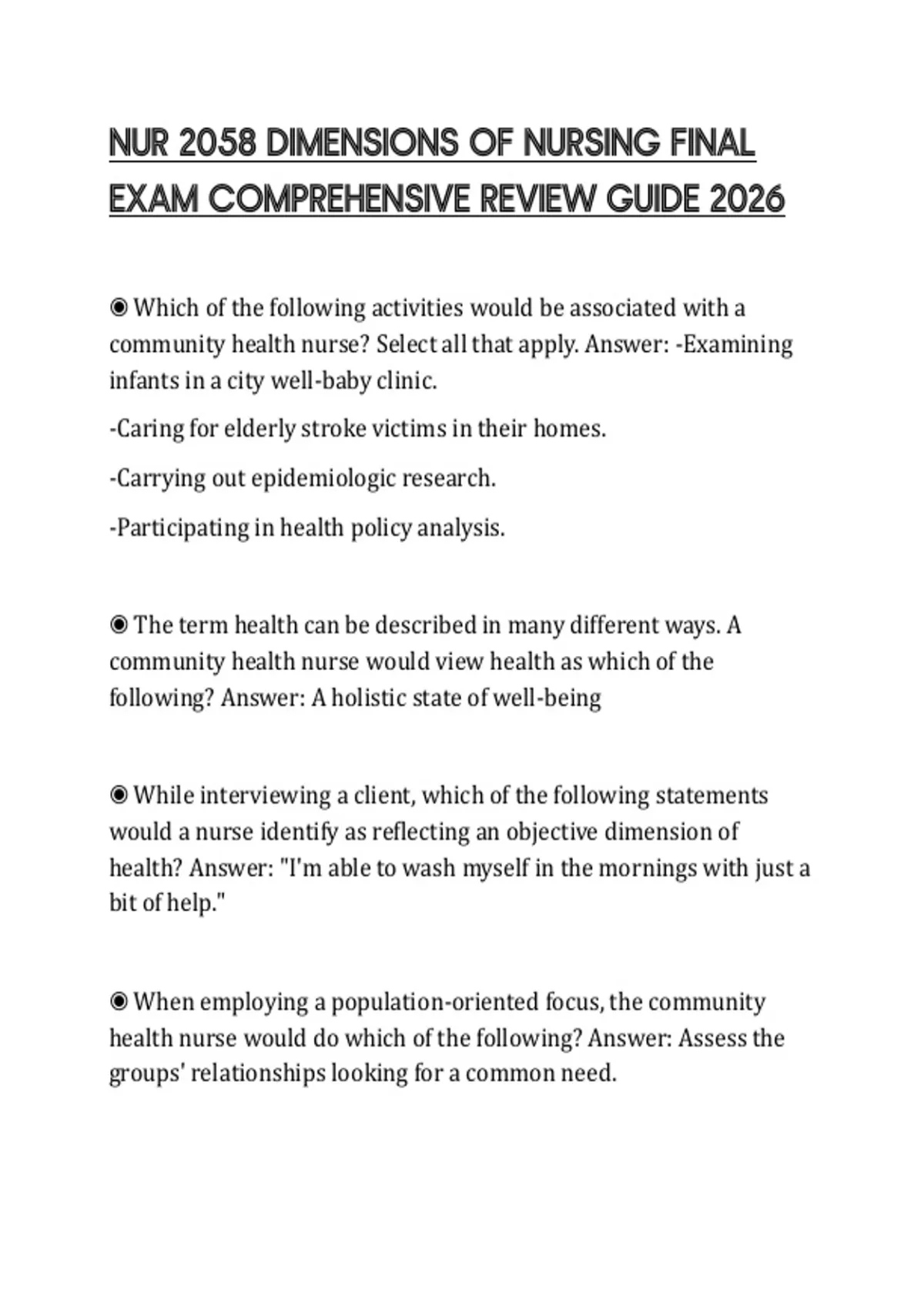 NUR 2058 DIMENSIONS OF NURSING FINAL EXAM COMPREHENSIVE REVIEW GUIDE ...