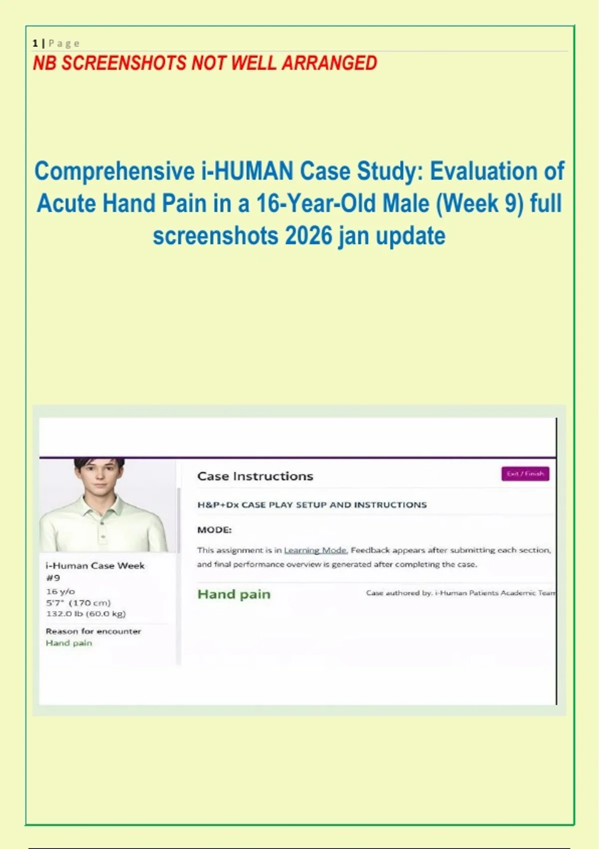 Comprehensive i-HUMAN Case Study: Evaluation of Acute Hand Pain in a 16 ...