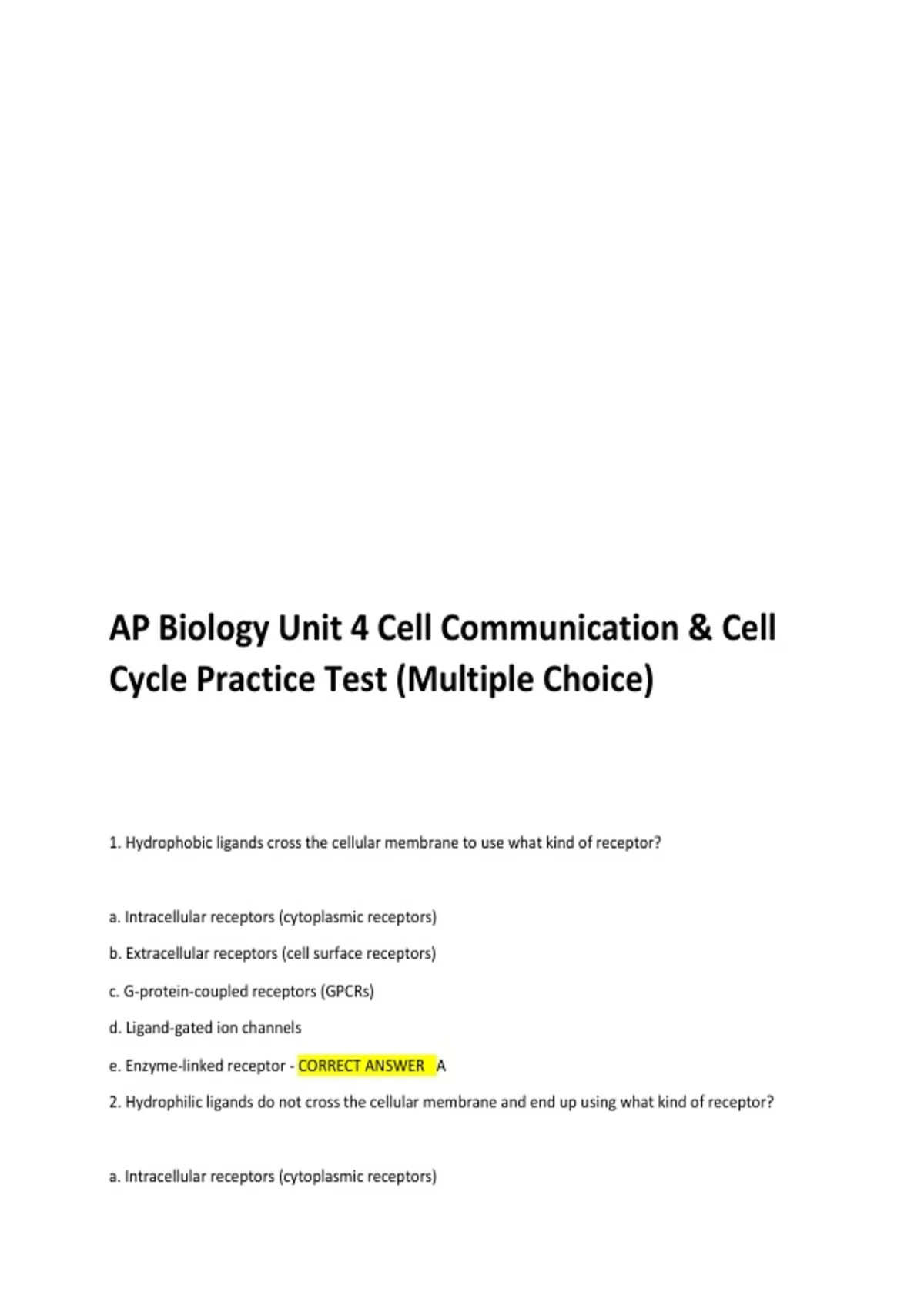 AP Biology Unit 4 Cell Communication & Cell Cycle Practice Test ...