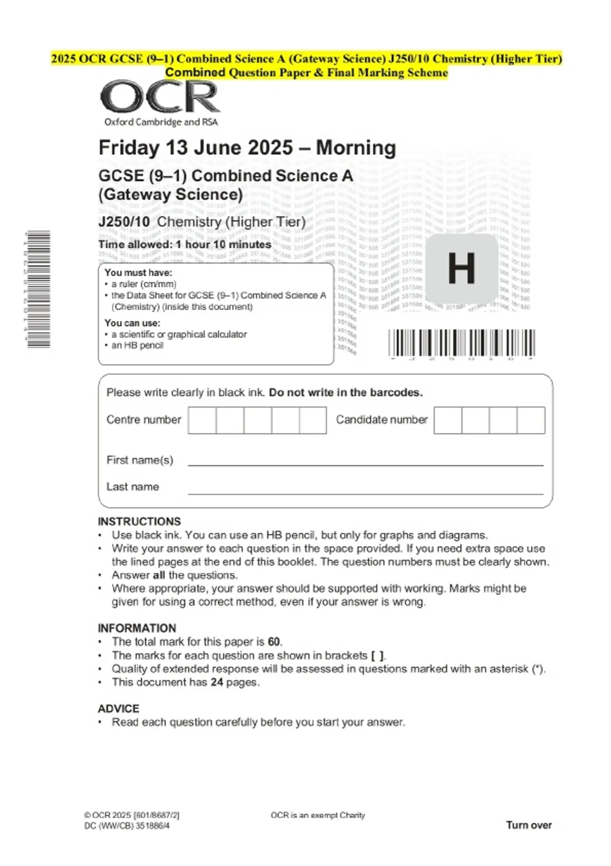 2025 OCR GCSE (9–1) Combined Science A (Gateway Science) J250/10 ...