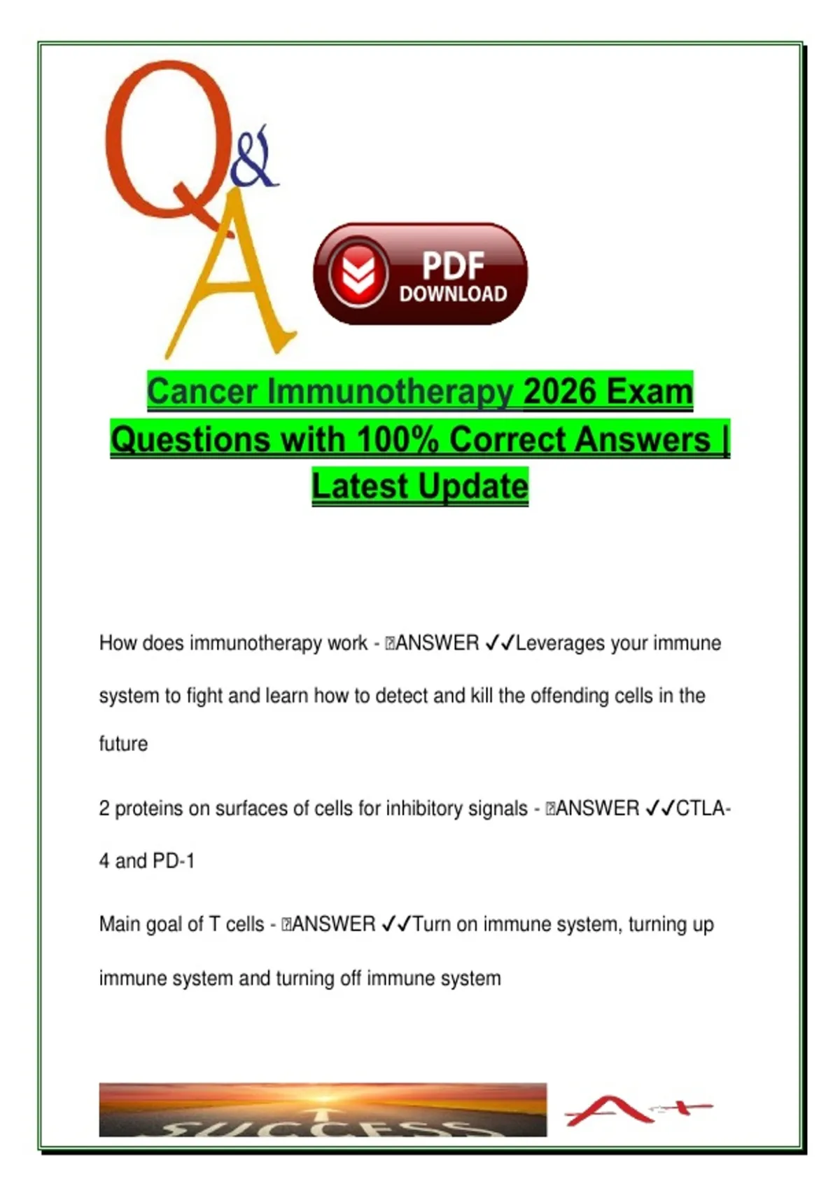 Cancer Immunotherapy | 2026 Exam Questions with 100% Correct Answers ...