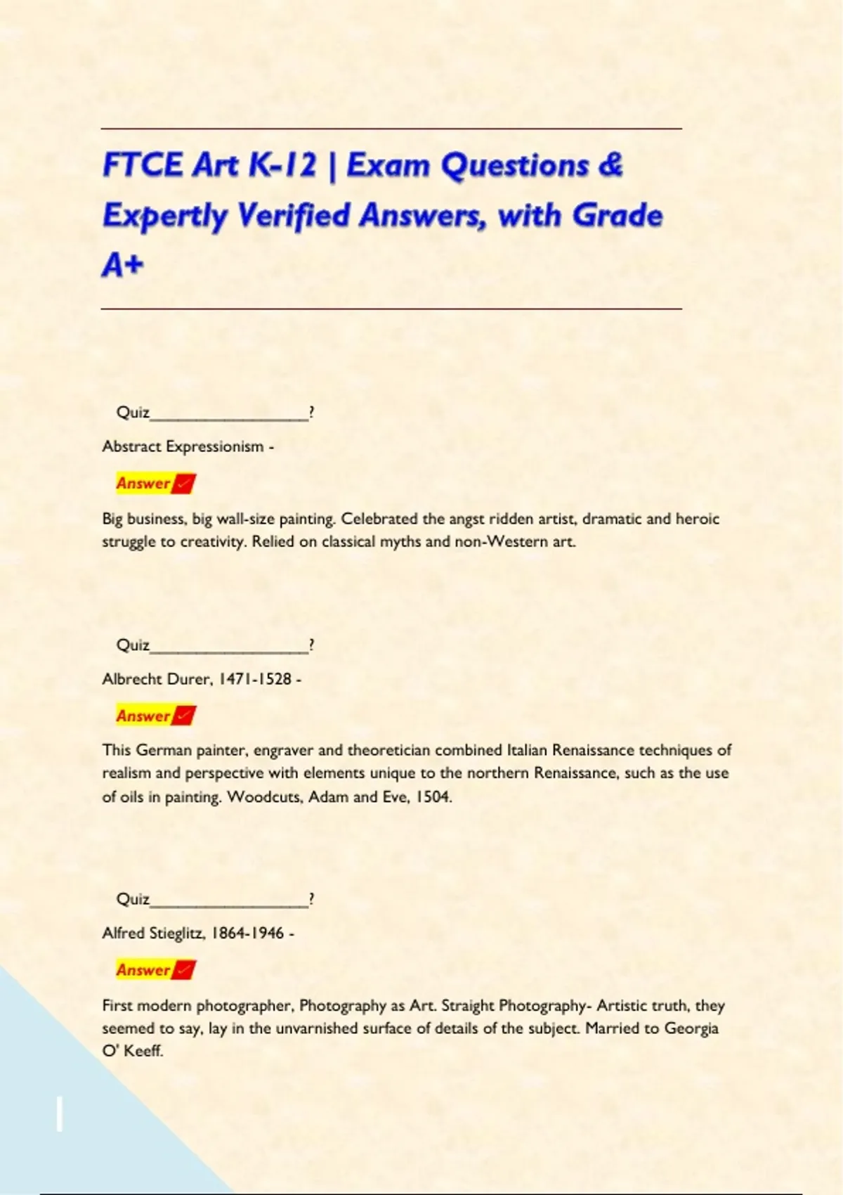 FTCE ART k-12 BUNDLE EXAM PREP |Actual Test Questions with detailed ...