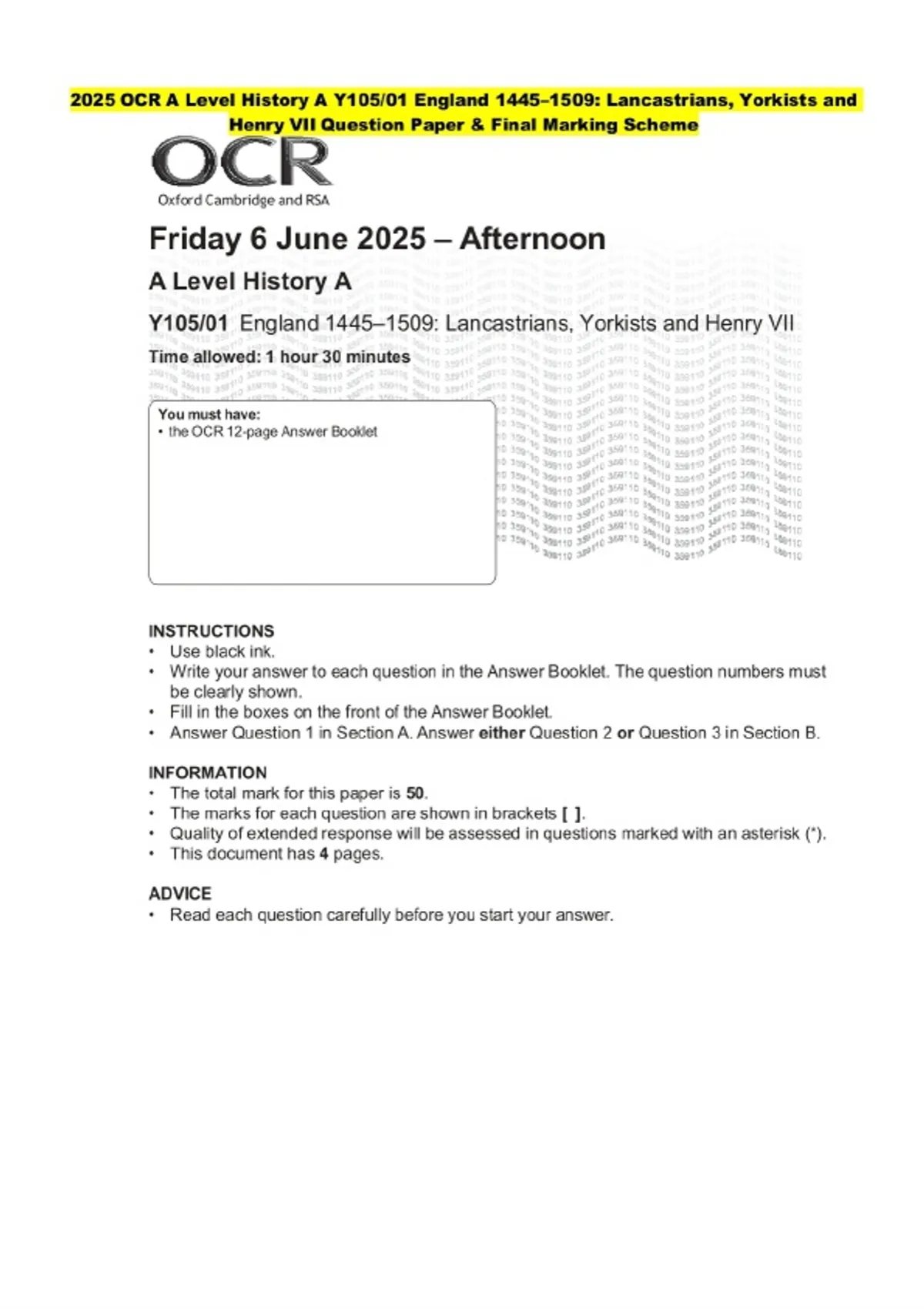 2025 OCR A Level History A Y105/01 England 1445–1509: Lancastrians ...