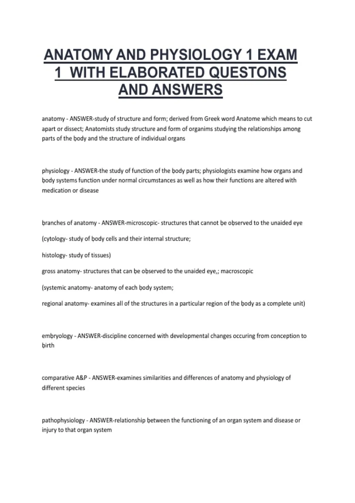 Anatomy and Physiology 1 Exam, Complete with Elaborated Questions and ...