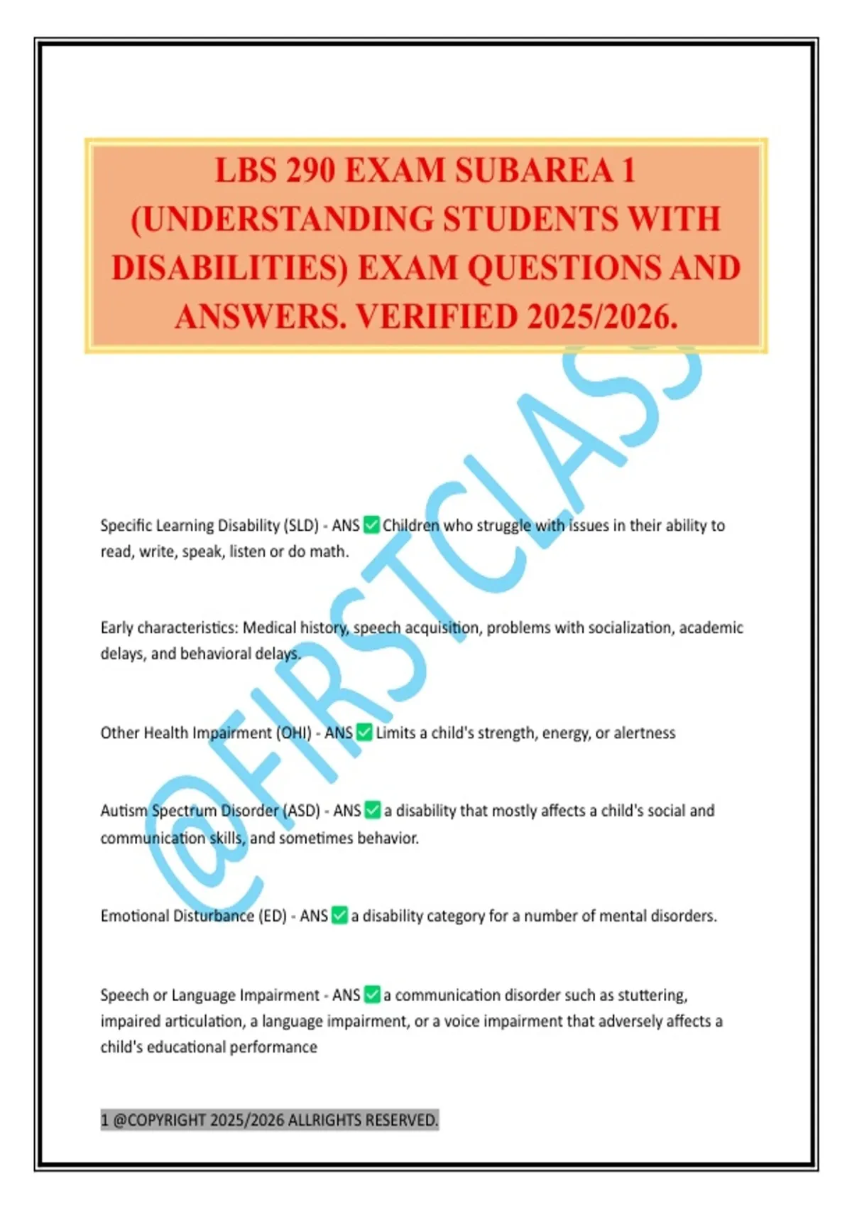 LBS 290 EXAM SUBAREA 1 (UNDERSTANDING STUDENTS WITH DISABILITIES) EXAM ...