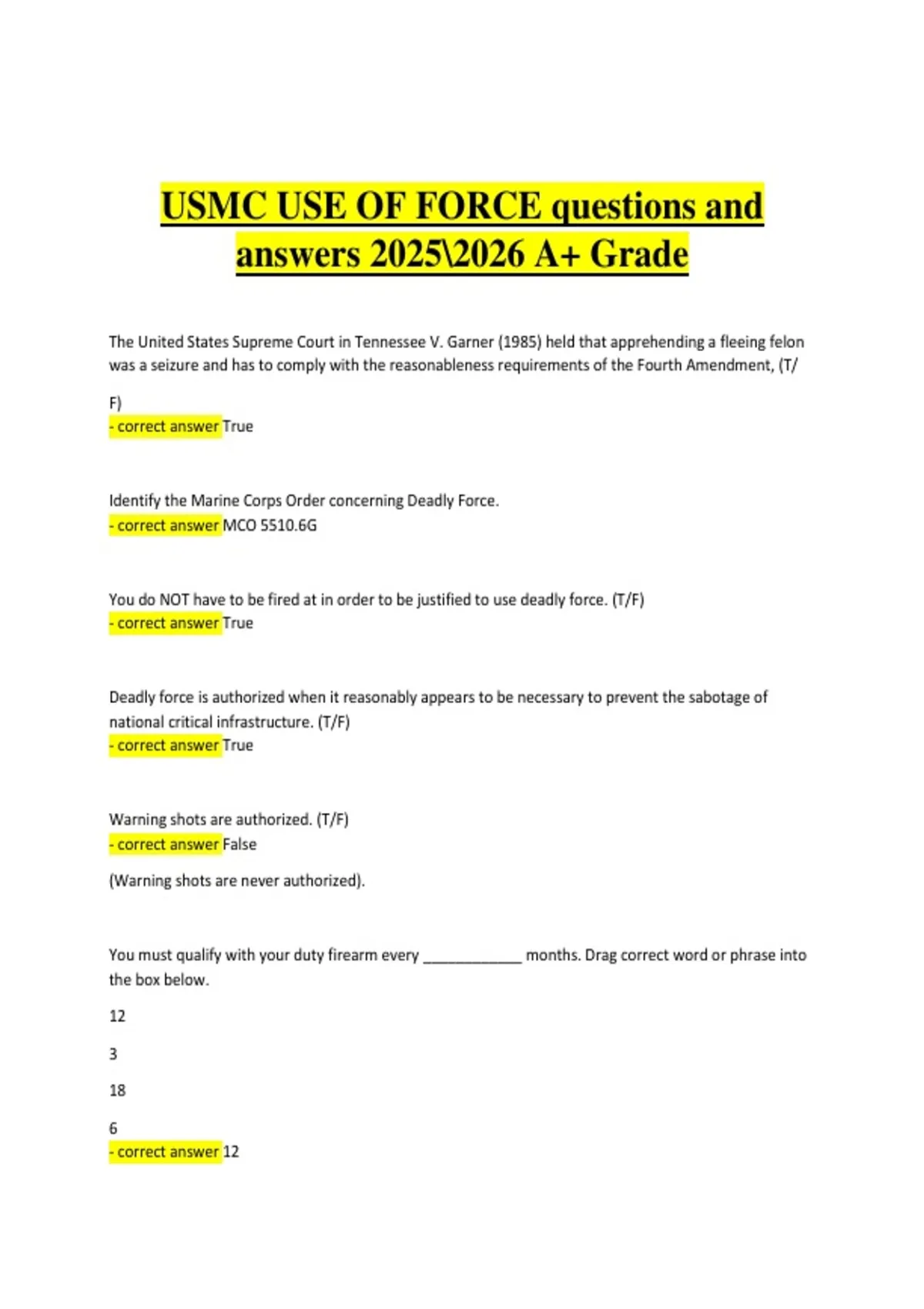 USMC – Use of Force Questions and Answers 2025–2026 | Comprehensive ...