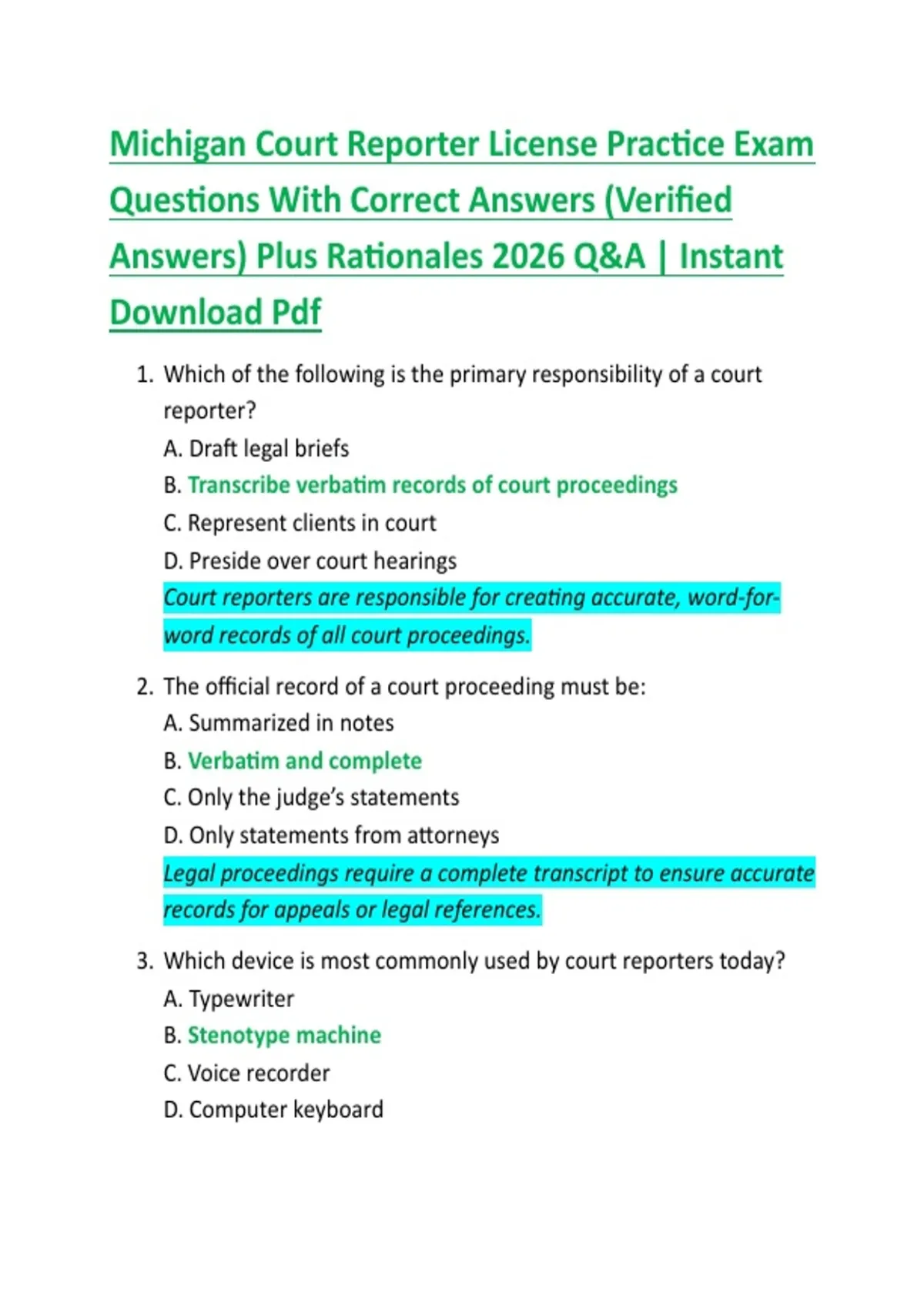 Michigan Court Reporter License Practice Exam Questions With Correct ...