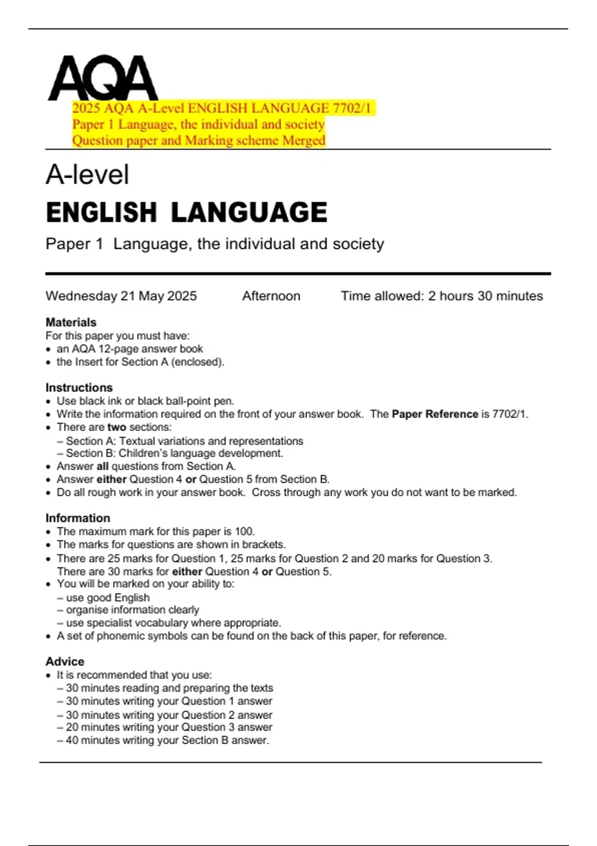 2025 AQA A-Level ENGLISH LANGUAGE 7702/1 Paper 1 Language, the ...