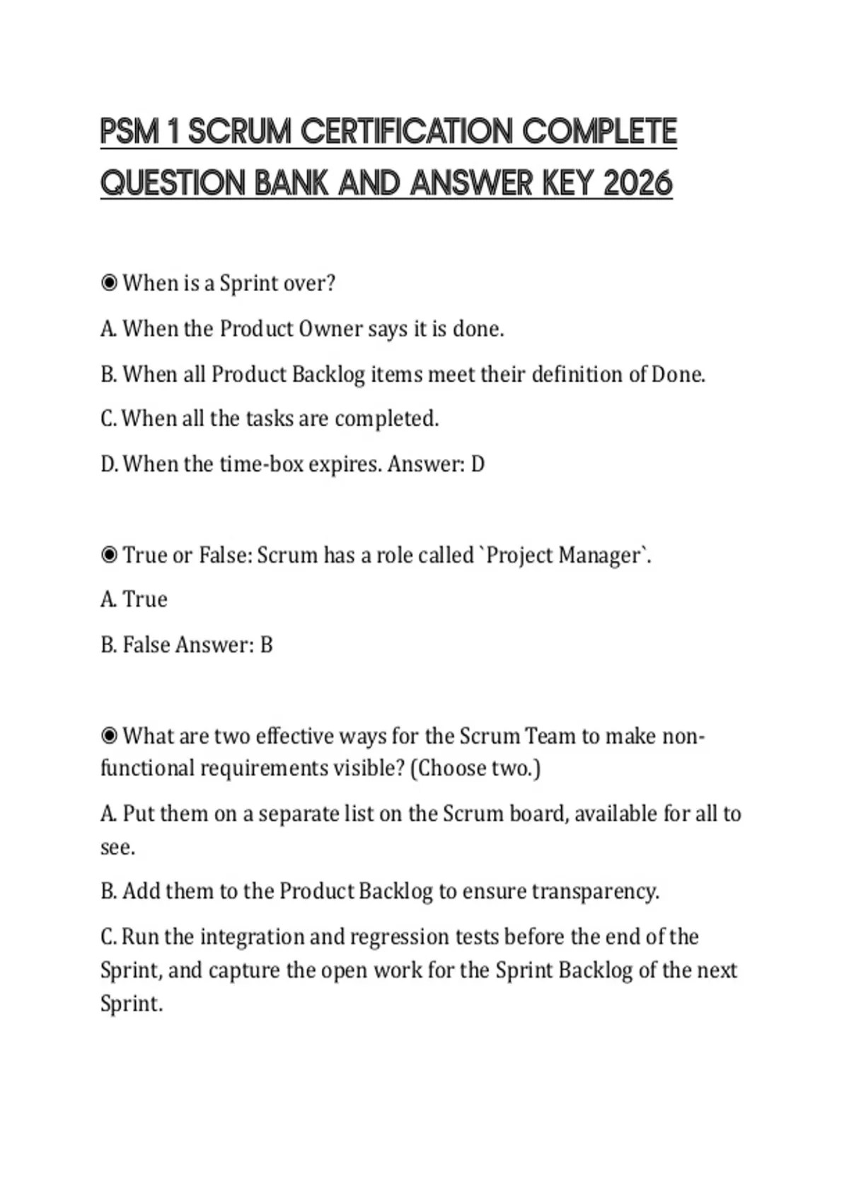 PSM 1 SCRUM CERTIFICATION COMPLETE QUESTION BANK AND ANSWER KEY 2026 ...