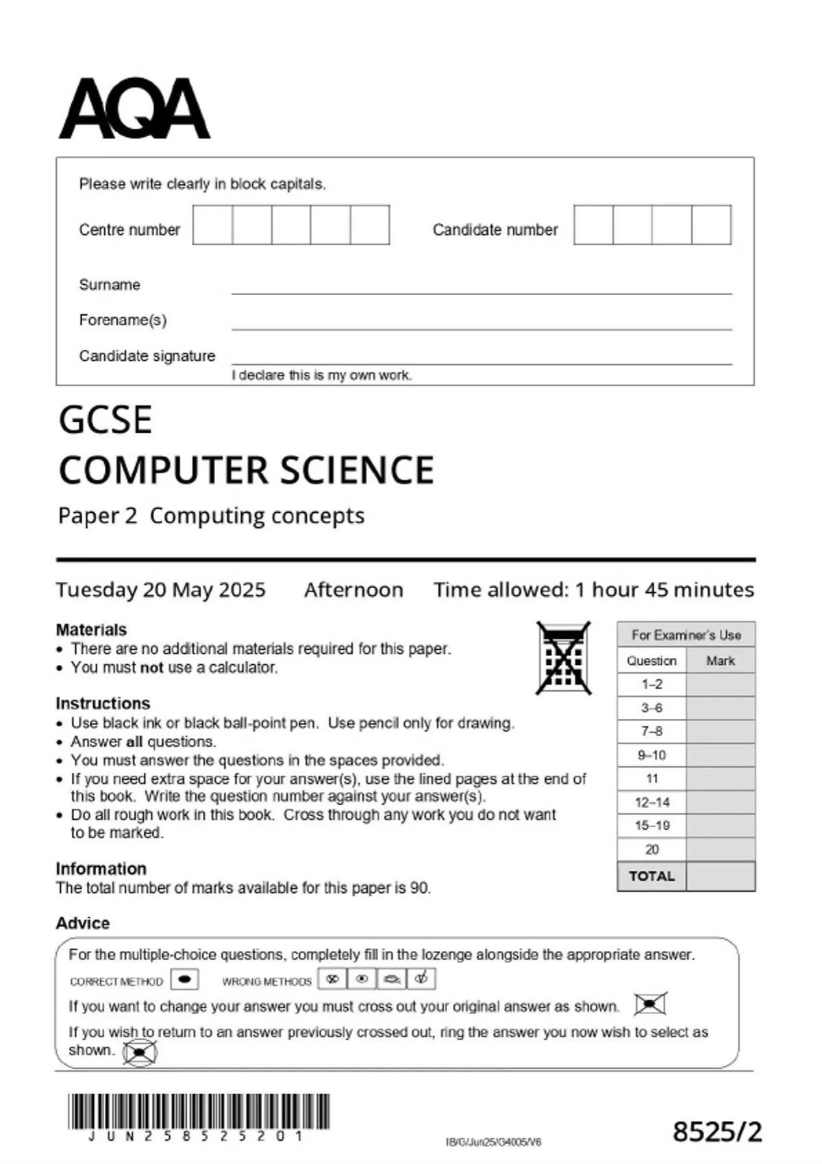 2025 AQA GCSE COMPUTER SCIENCE 8525/2 PAPER 2 COMPUTING CONCEPTS ...