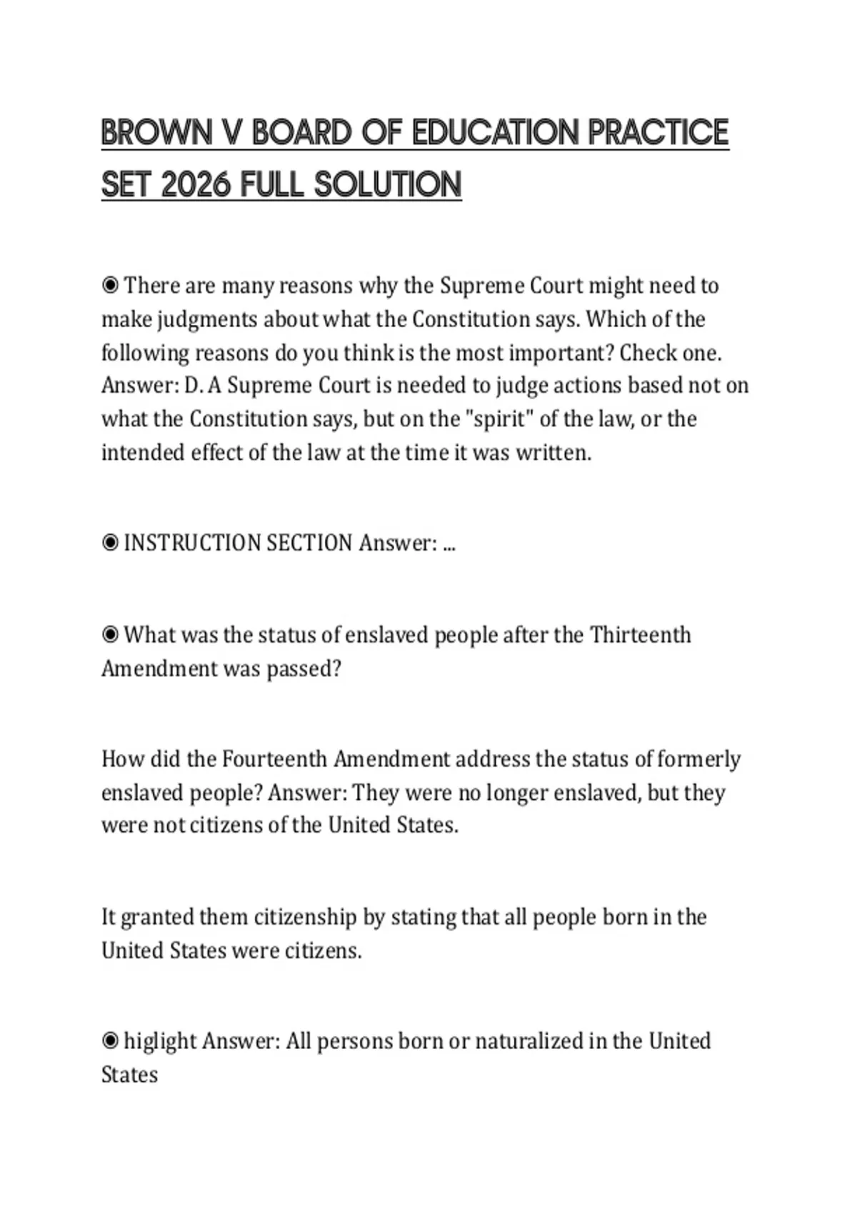 BROWN V BOARD OF EDUCATION PRACTICE SET 2026 FULL SOLUTION - BROWN ...