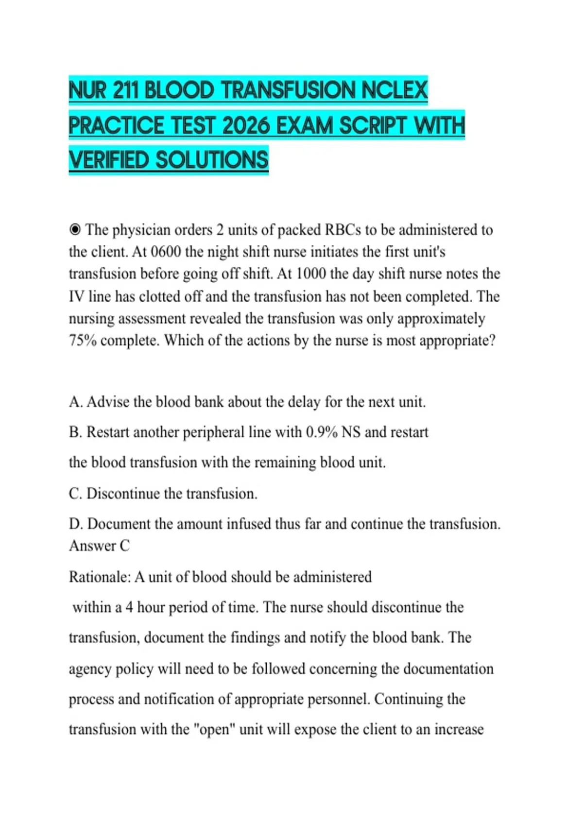 NUR 211 BLOOD TRANSFUSION NCLEX PRACTICE TEST 2026 EXAM SCRIPT WITH ...