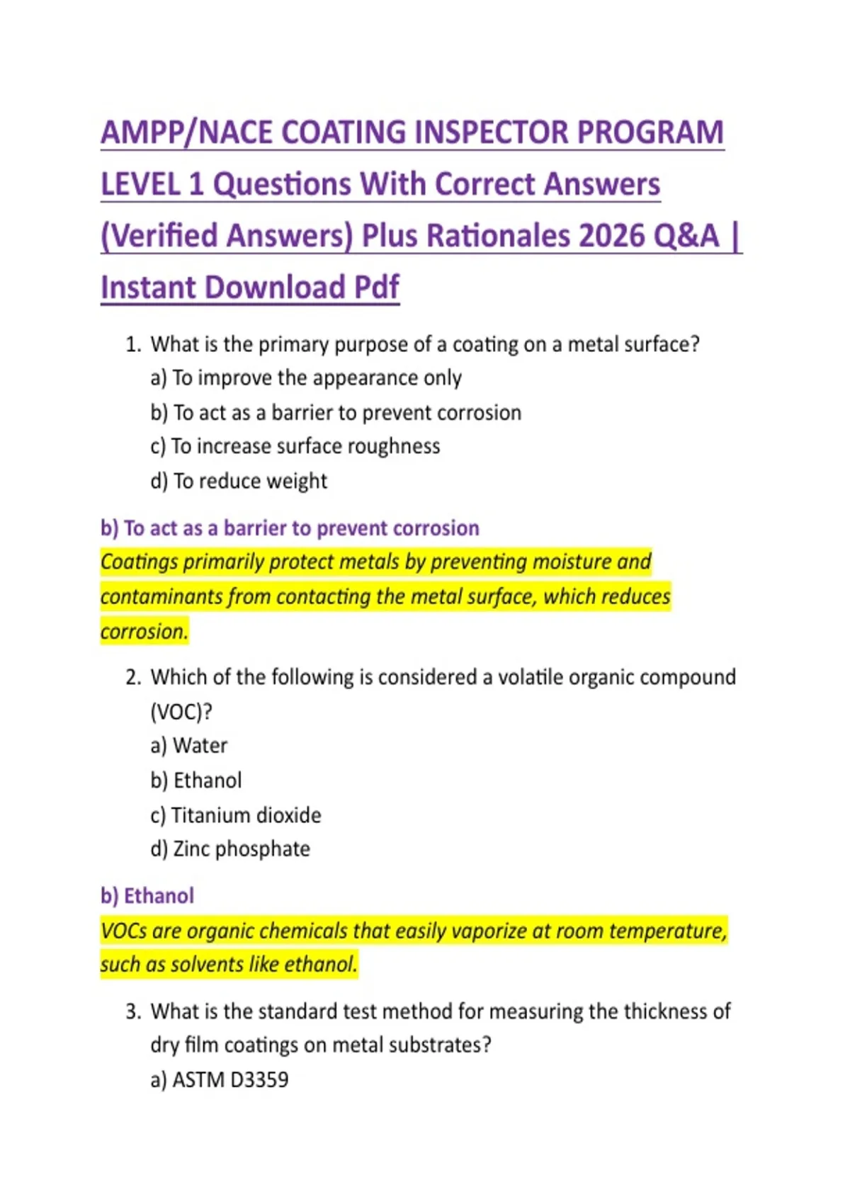 AMPP/NACE COATING INSPECTOR PROGRAM LEVEL 1 Questions With Correct ...