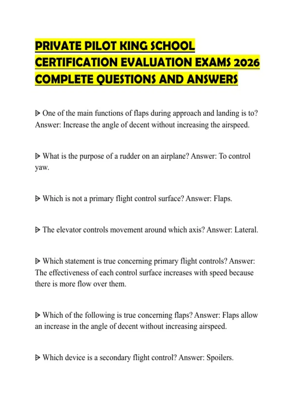PRIVATE PILOT KING SCHOOL CERTIFICATION EVALUATION EXAMS 2026 COMPLETE ...