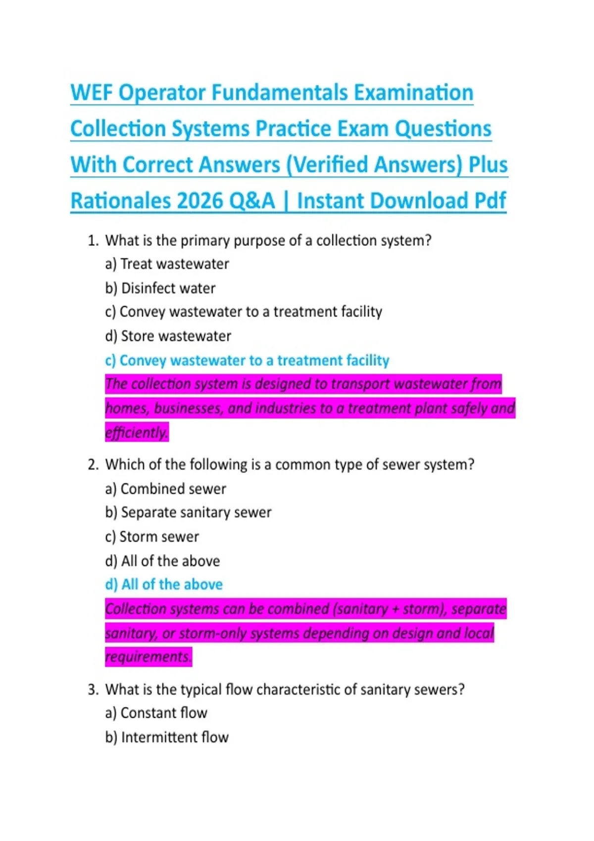 WEF Operator Fundamentals Examination Collection Systems Practice Exam ...