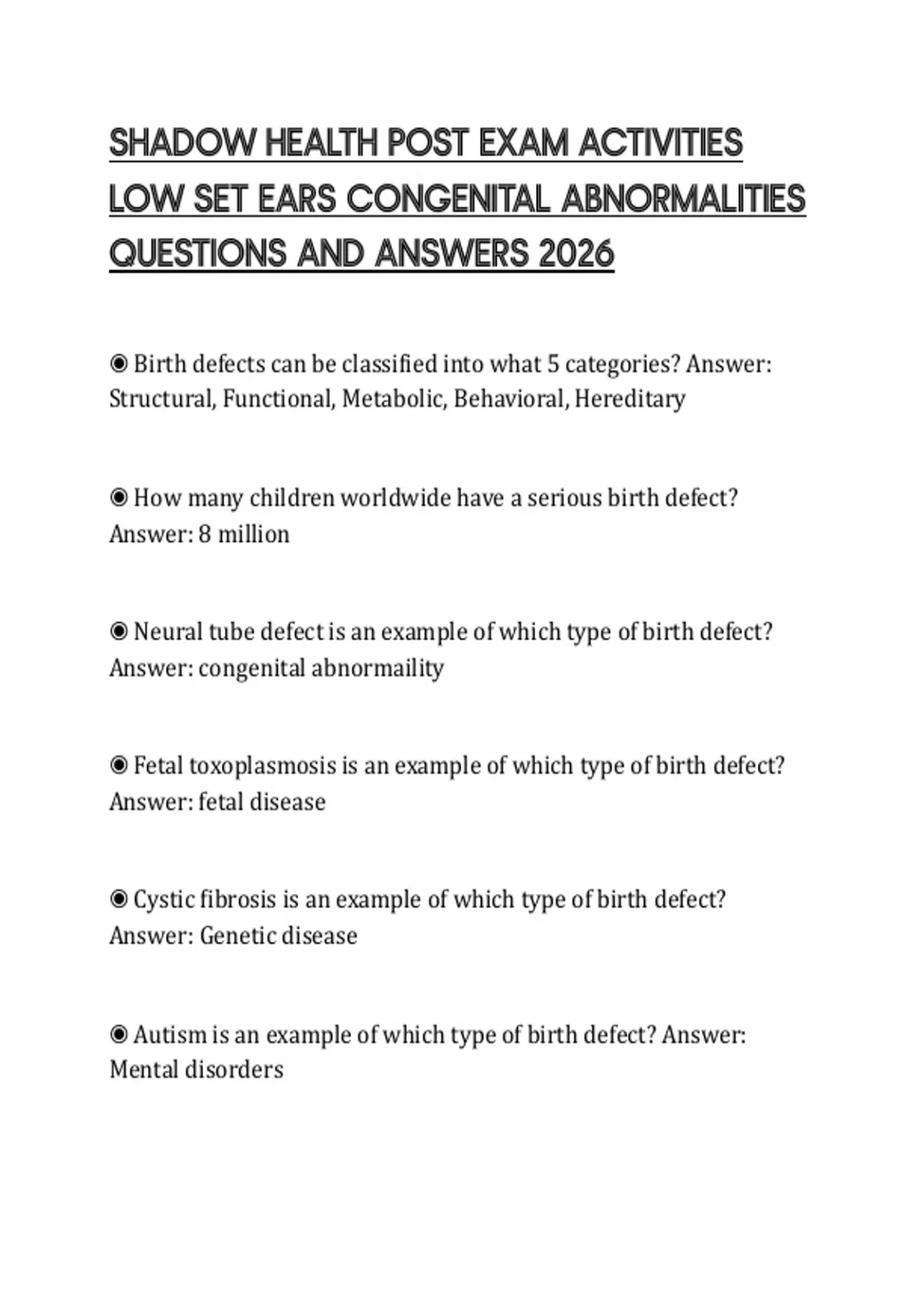 SHADOW HEALTH POST EXAM ACTIVITIES LOW SET EARS CONGENITAL ...