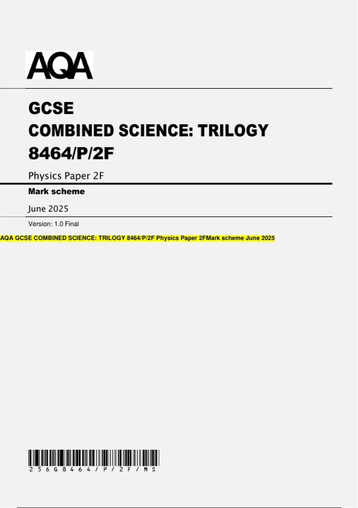 AQA GCSE COMBINED SCIENCE: TRILOGY 8464/P/2F Physics Paper 2FMark ...