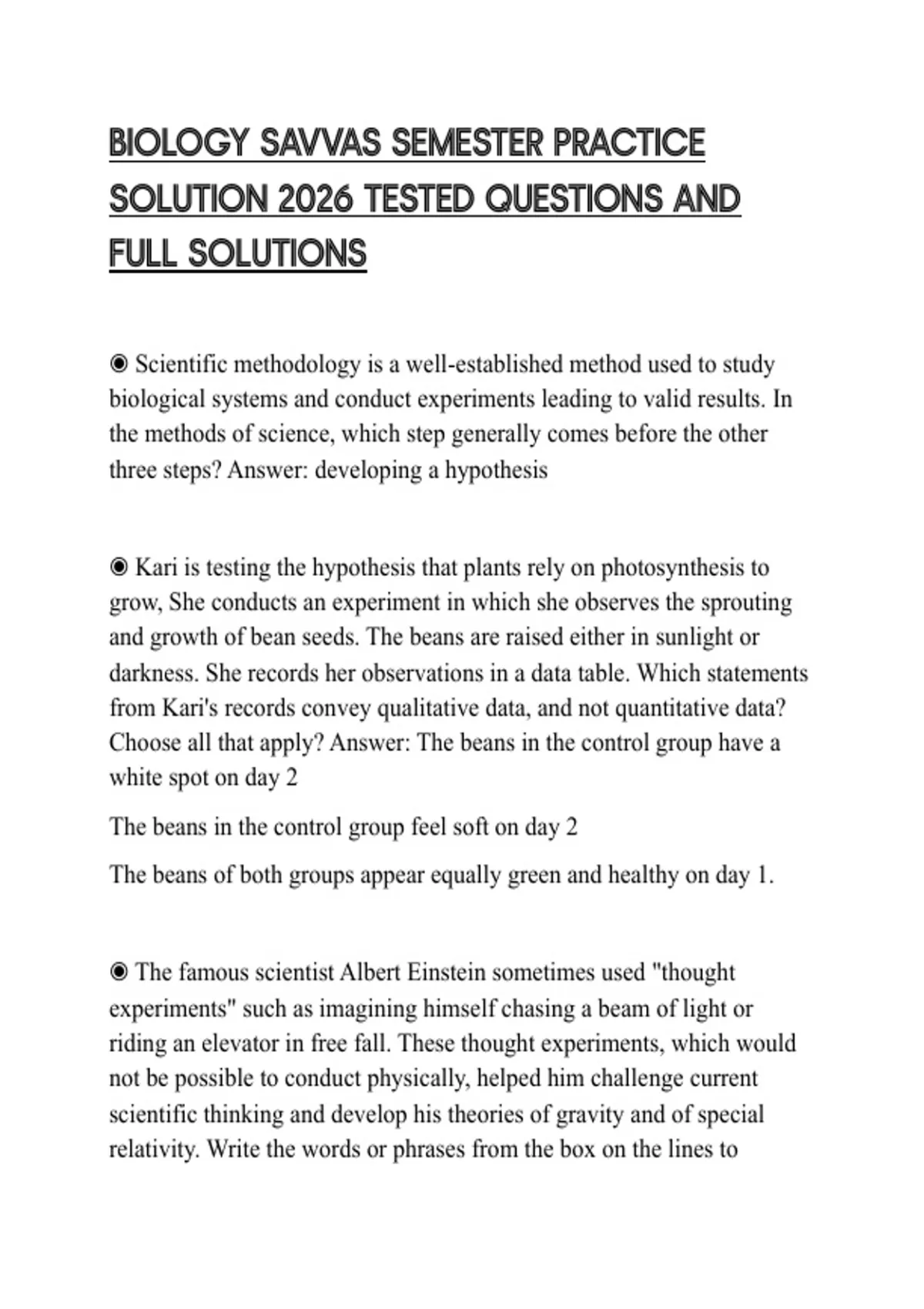 BIOLOGY SAVVAS SEMESTER PRACTICE SOLUTION 2026 TESTED QUESTIONS AND ...