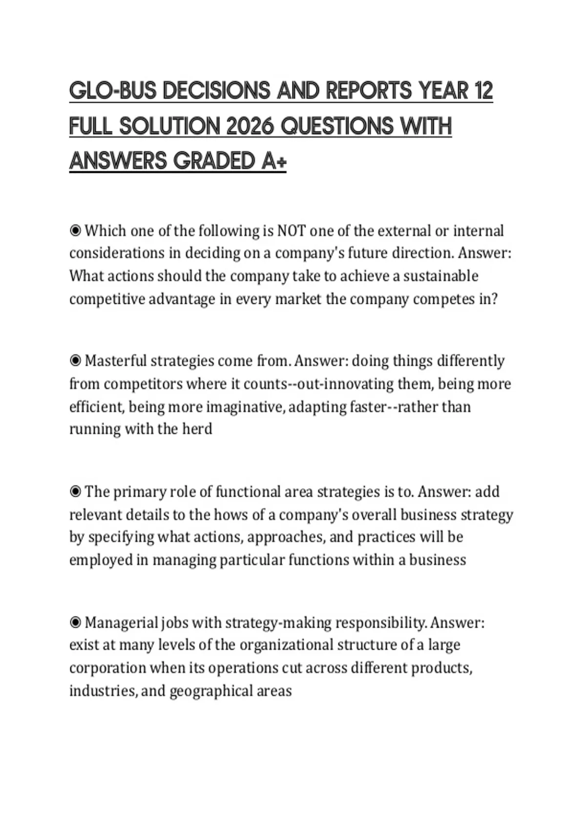 GLO-BUS DECISIONS AND REPORTS YEAR 12 FULL SOLUTION 2026 QUESTIONS WITH ...