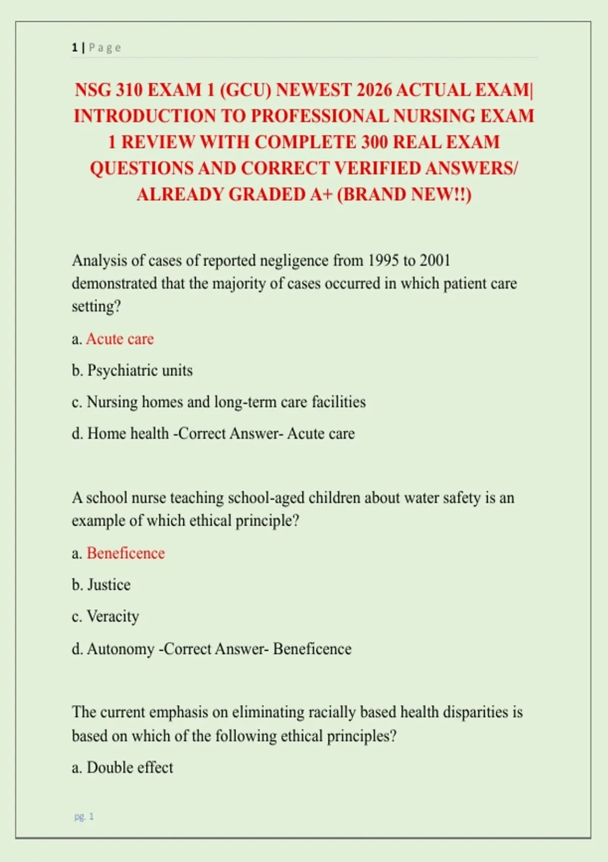 NSG 310 EXAM 1 (GCU) NEWEST 2026 ACTUAL EXAM| INTRODUCTION TO ...