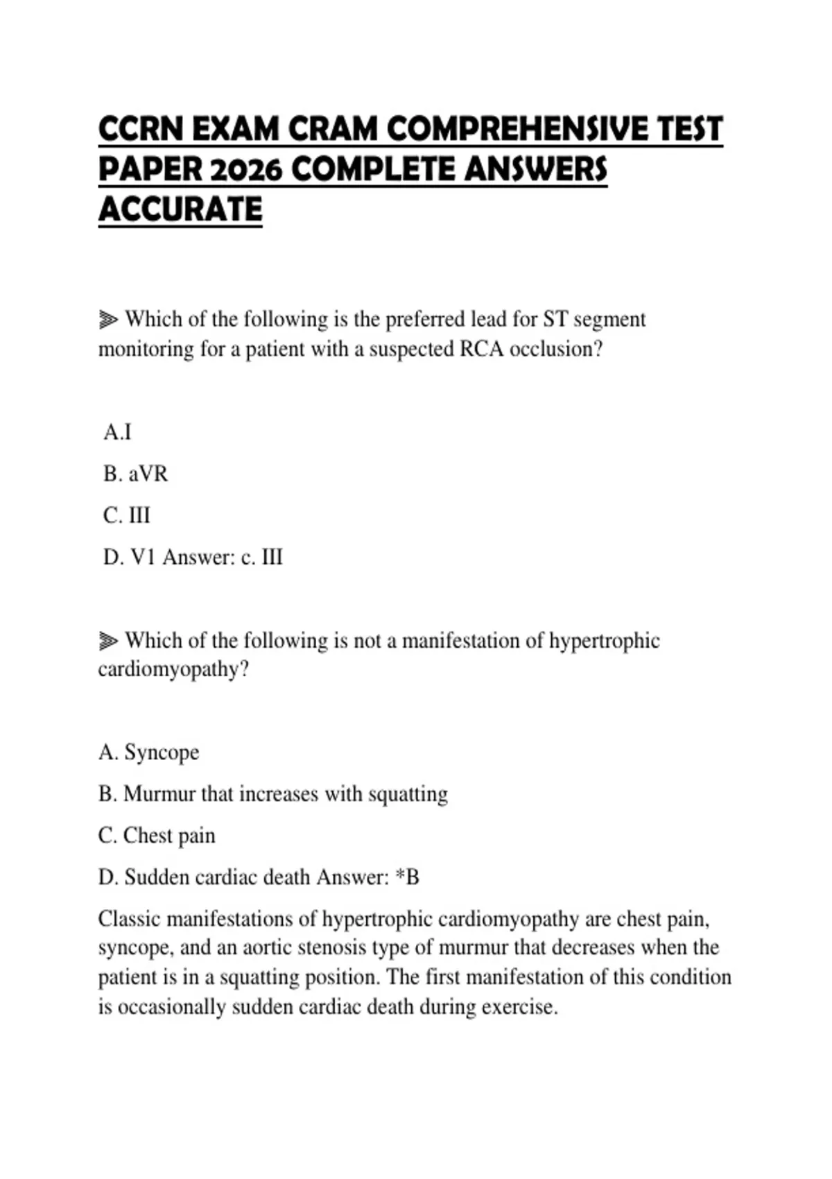 CCRN EXAM CRAM COMPREHENSIVE TEST PAPER 2026 COMPLETE ANSWERS ACCURATE ...