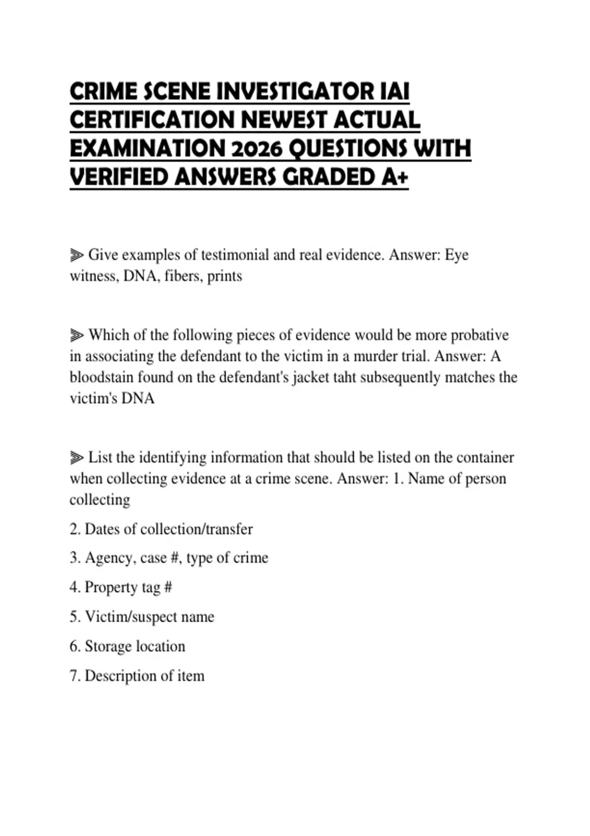 CRIME SCENE INVESTIGATOR IAI CERTIFICATION NEWEST ACTUAL EXAMINATION ...