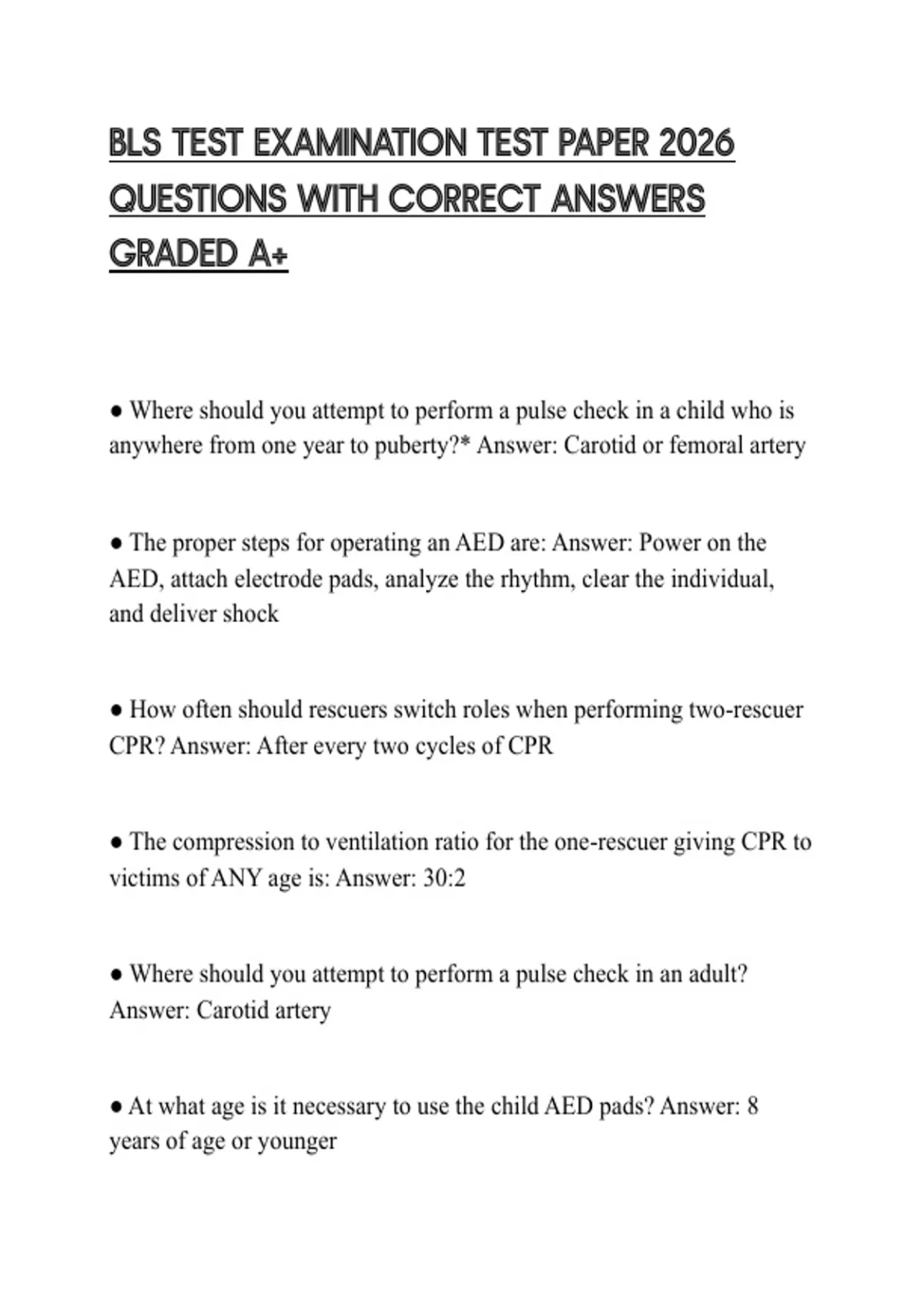 BLS TEST EXAMINATION TEST PAPER 2026 QUESTIONS WITH CORRECT ANSWERS ...