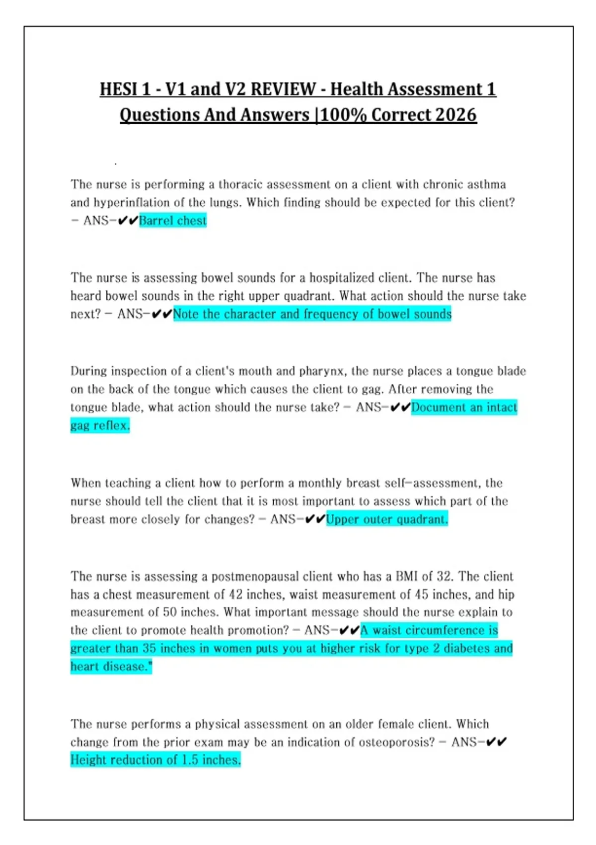 HESI 1 - V1 and V2 REVIEW - Health Assessment 1 Questions And Answers ...