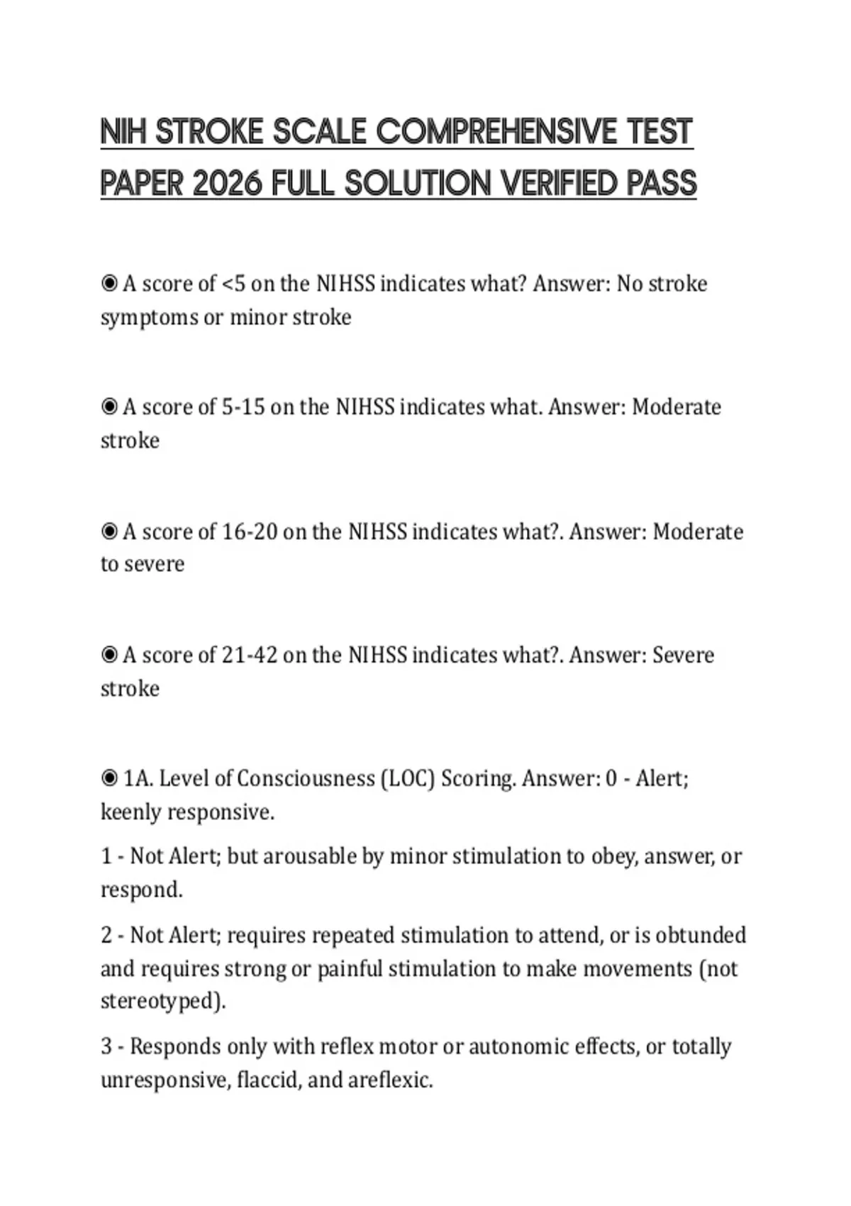 NIH STROKE SCALE COMPREHENSIVE TEST PAPER 2026 FULL SOLUTION VERIFIED ...