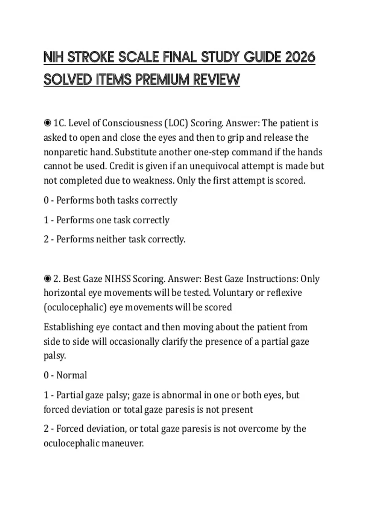 NIH STROKE SCALE FINAL STUDY GUIDE 2026 SOLVED ITEMS PREMIUM REVIEW ...