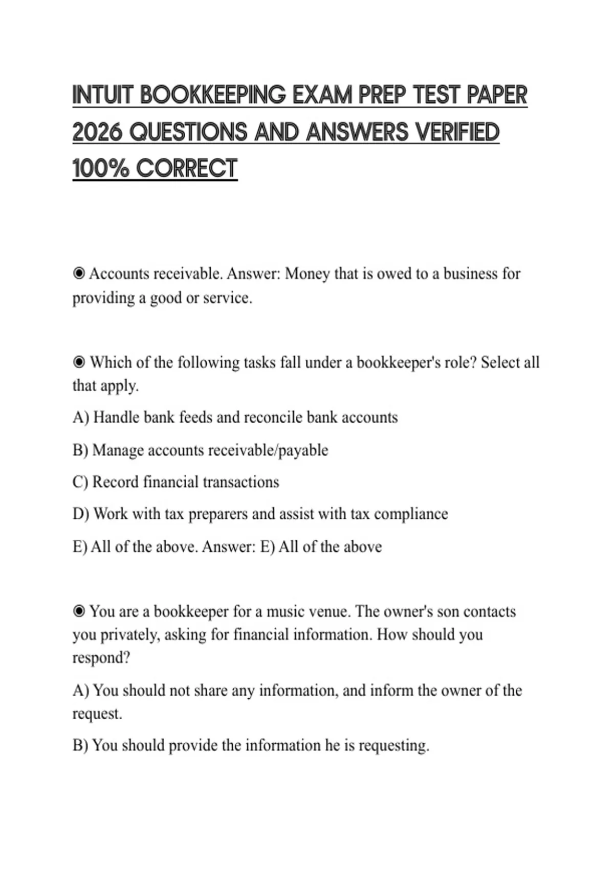 INTUIT BOOKKEEPING EXAM PREP TEST PAPER 2026 QUESTIONS AND ANSWERS ...