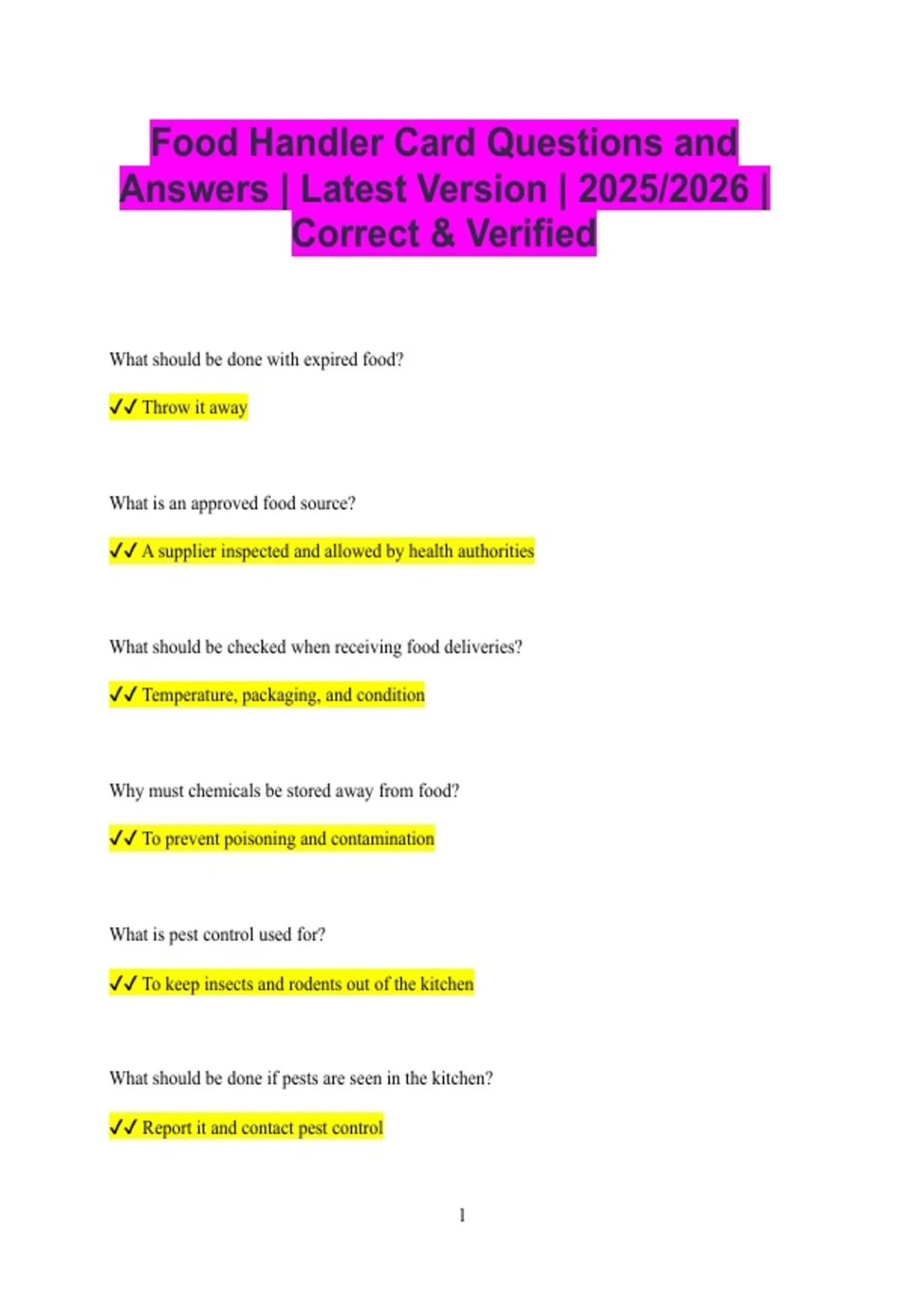 Food Handler Card Questions and Answers | Latest Version | 2025/2026 ...