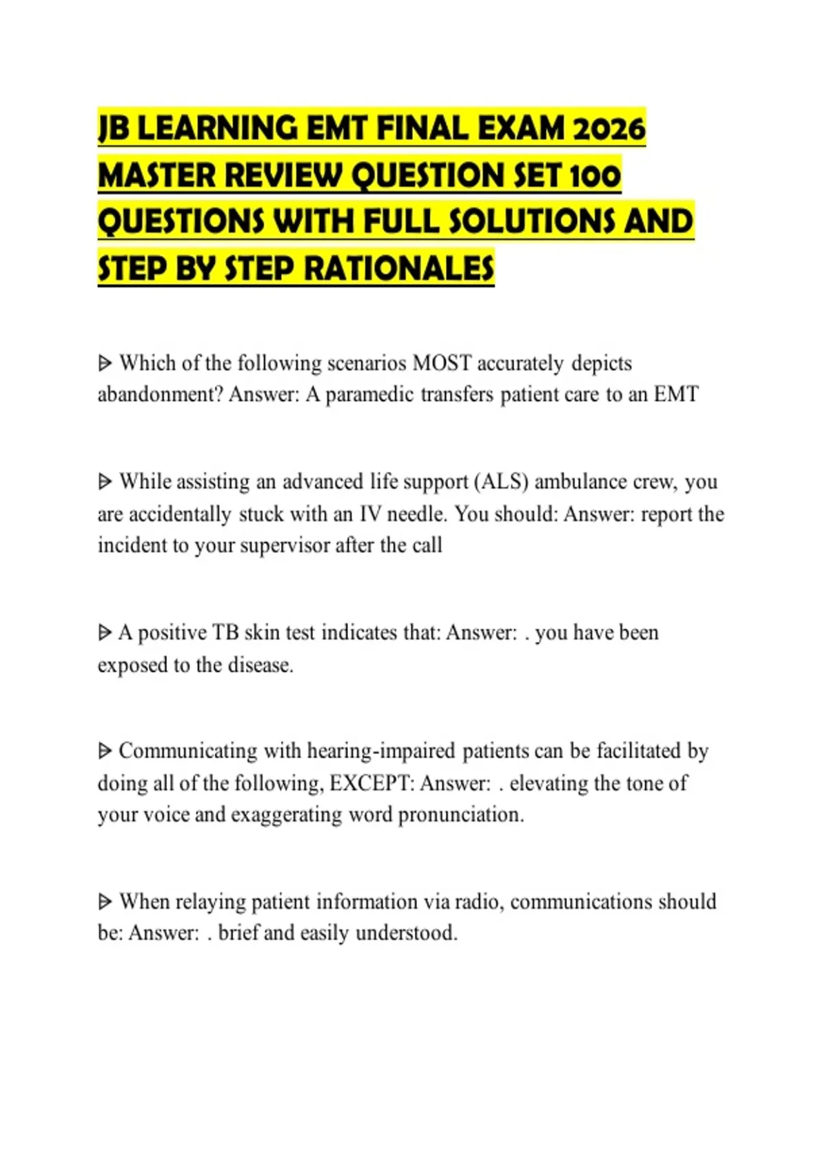 JB LEARNING EMT FINAL EXAM 2026 MASTER REVIEW QUESTION SET 100 ...