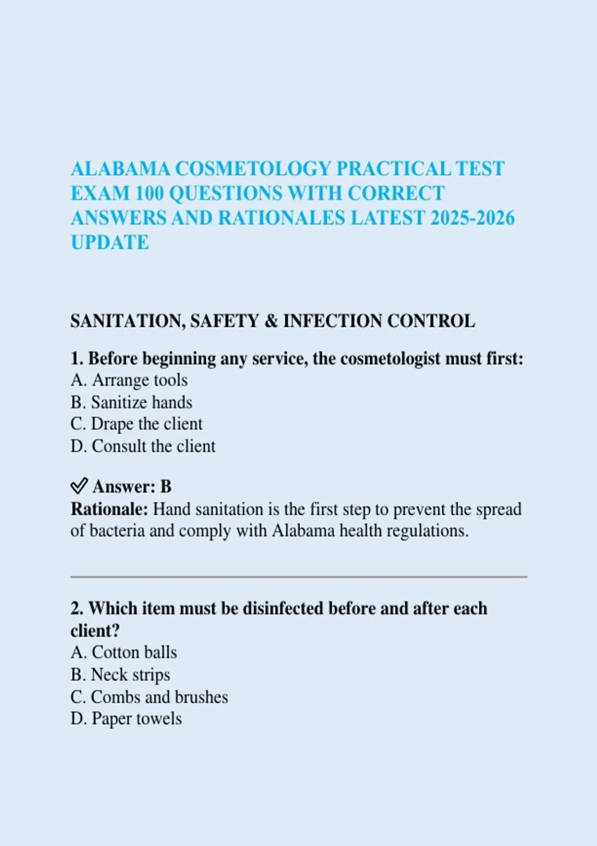 ALABAMA COSMETOLOGY PRACTICAL TEST EXAM 100 QUESTIONS WITH CORRECT ...