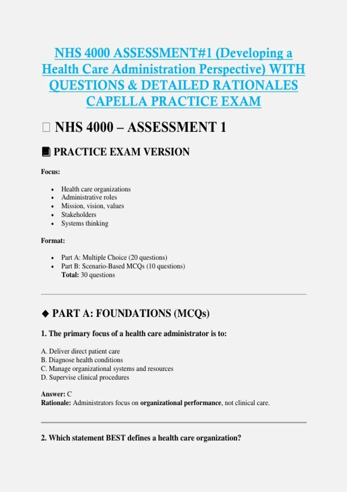 NHS 4000 ASSESSMENT#1 (Developing a Health Care Administration ...